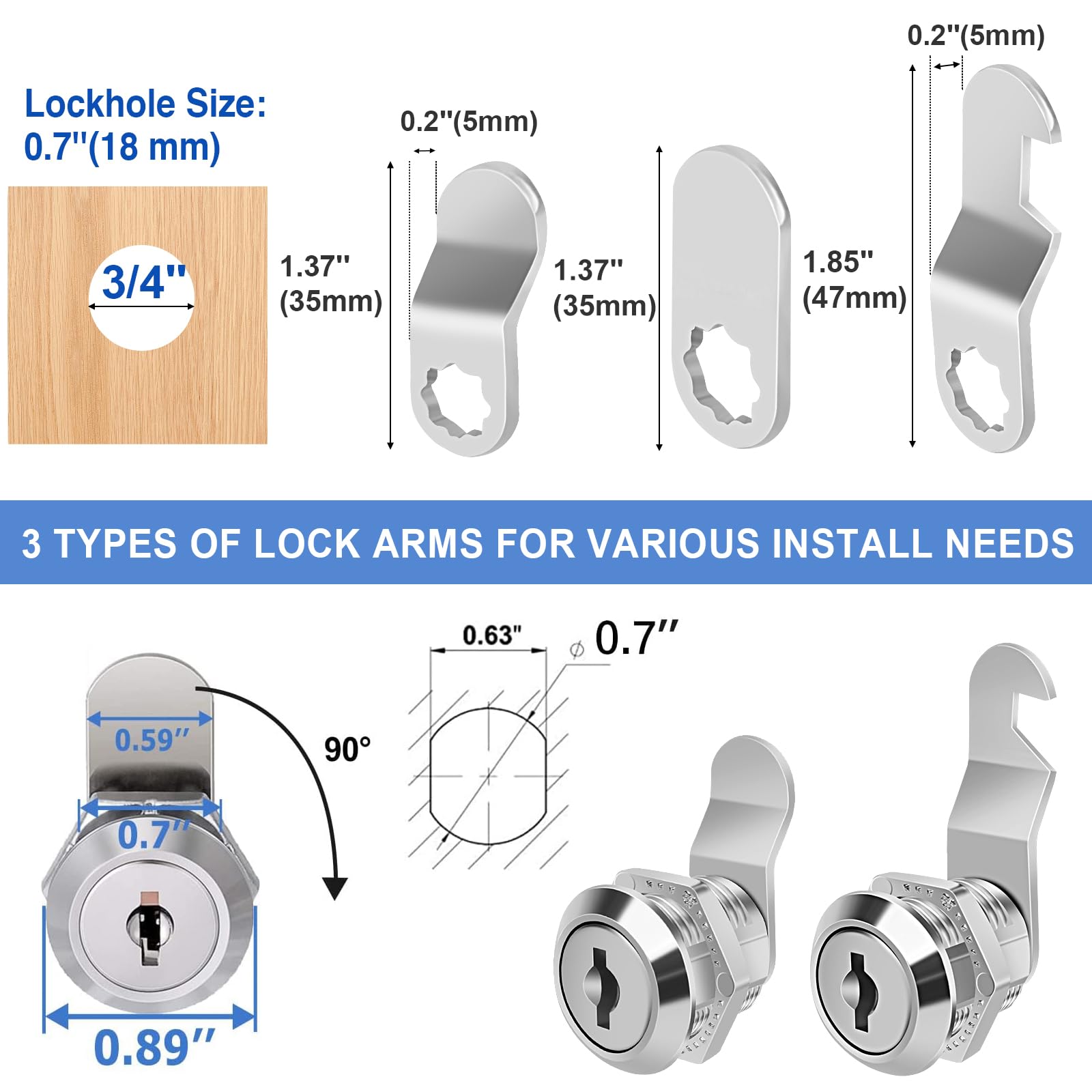 Cylinnda Cabinet Locks (3 Pack, Zinc Alloy), Keyed Alike Cam Lock for Tool Box, RV Storage, Mailbox, 5/8"
