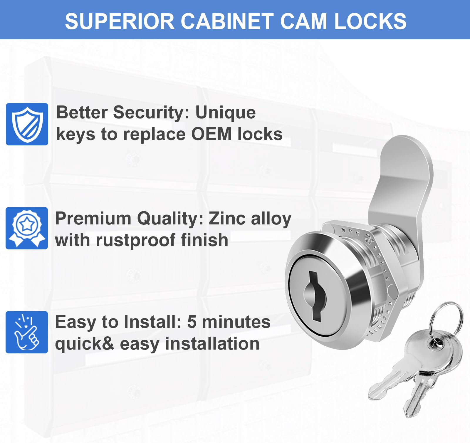 Cylinnda Cabinet Locks (3 Pack, Zinc Alloy), Keyed Alike Cam Lock for Tool Box, RV Storage, Mailbox, 5/8"