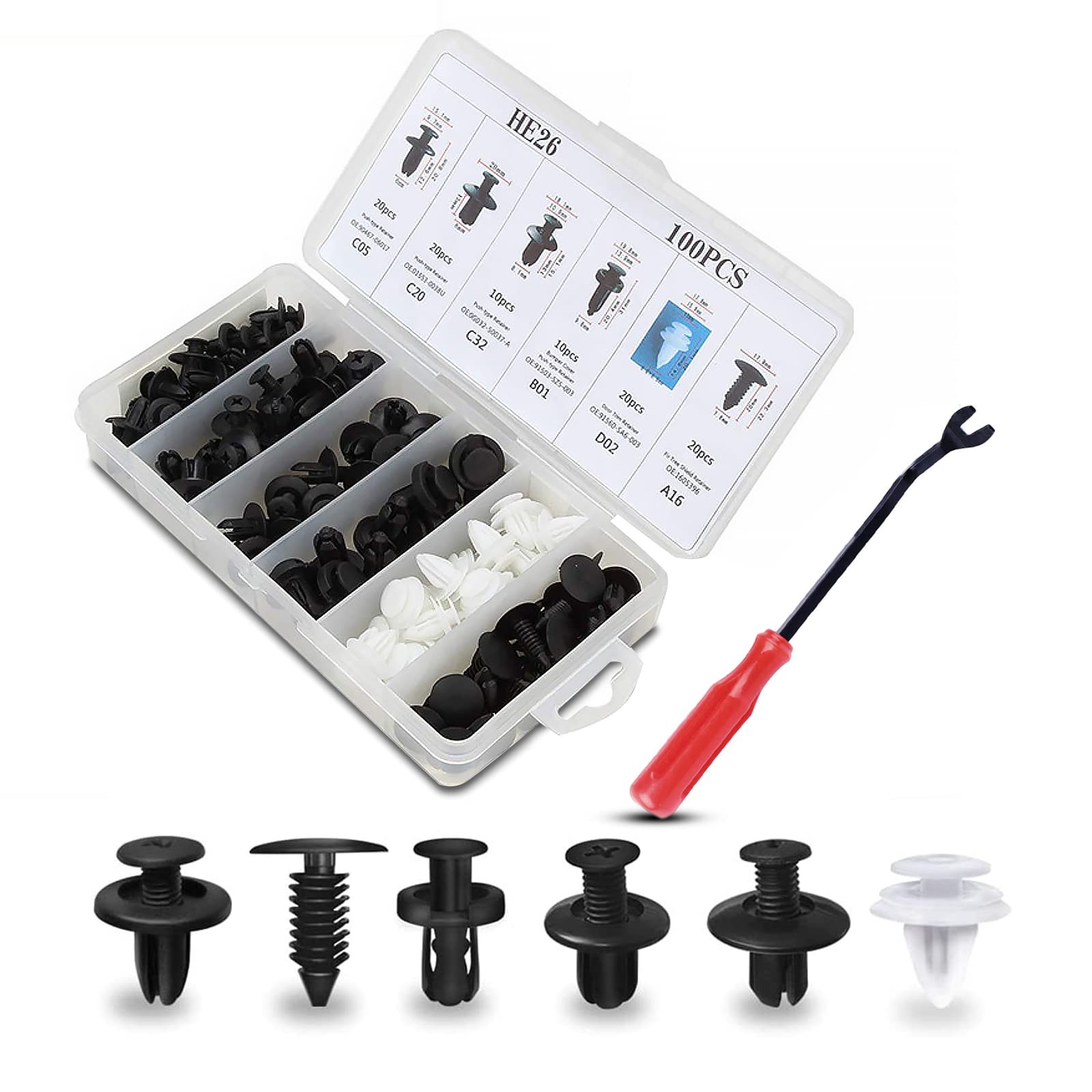 100 PCS Retainer Clips Push Type Fasteners, Expansion Screws Replacement Kit, Bumper Push Rivet Clips with Remover Tool, Car Universal Snap Clips (Black & White)