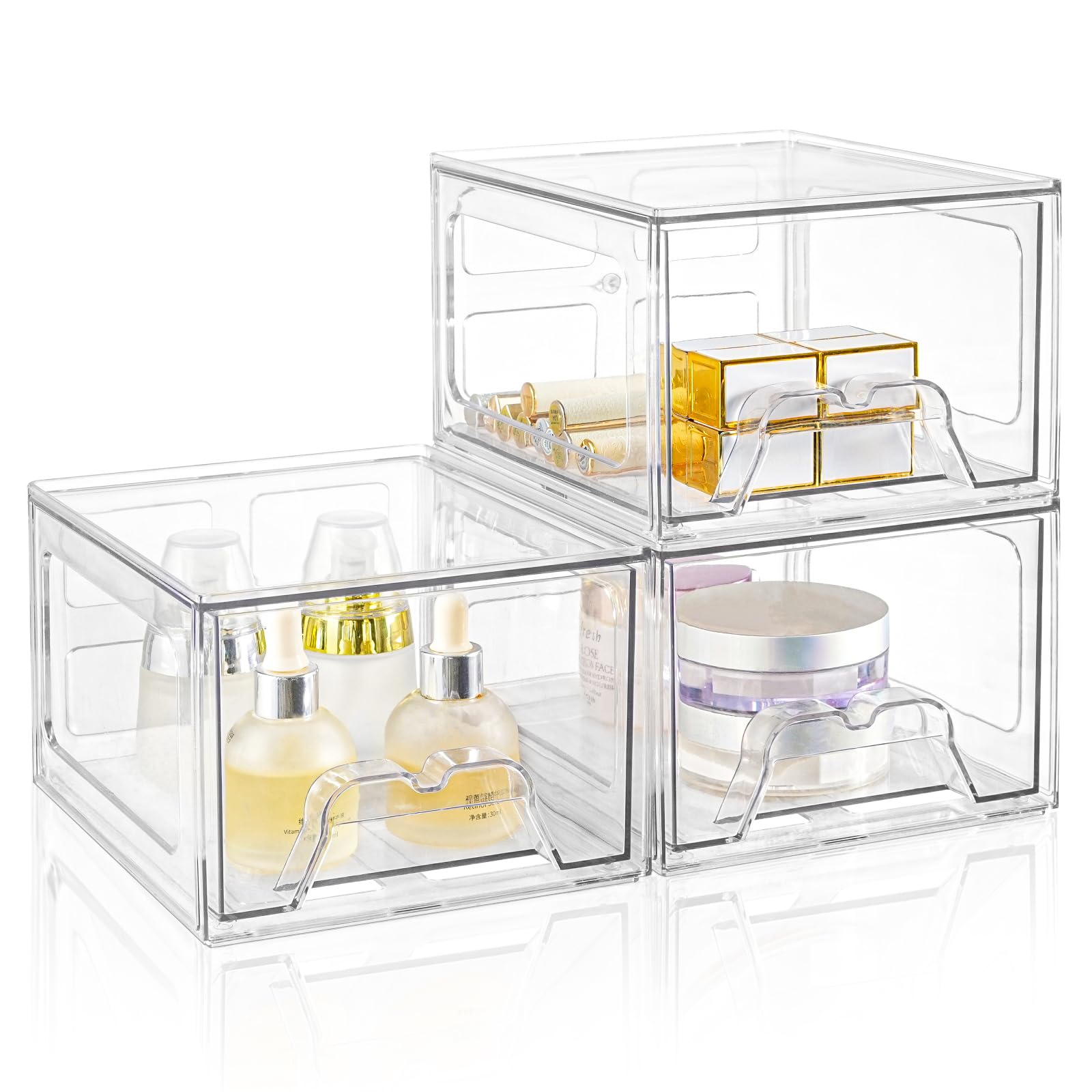 Stebopum Clear Acrylic Makeup Storage Organizer, 3 Pack Stackable Perfume Organizer with Detachable Stands, Dustproof Cosmetic Display Cases with Magnetic Door for Vanity, Bathroom Countertop