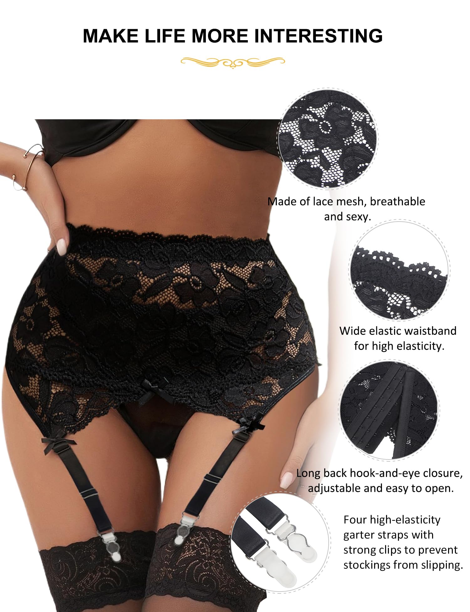 ohmydear Plus Size Lace Garter Belts High Waisted Suspender Belt Sets with 4 Straps for Thigh High Stockings Black XS-S