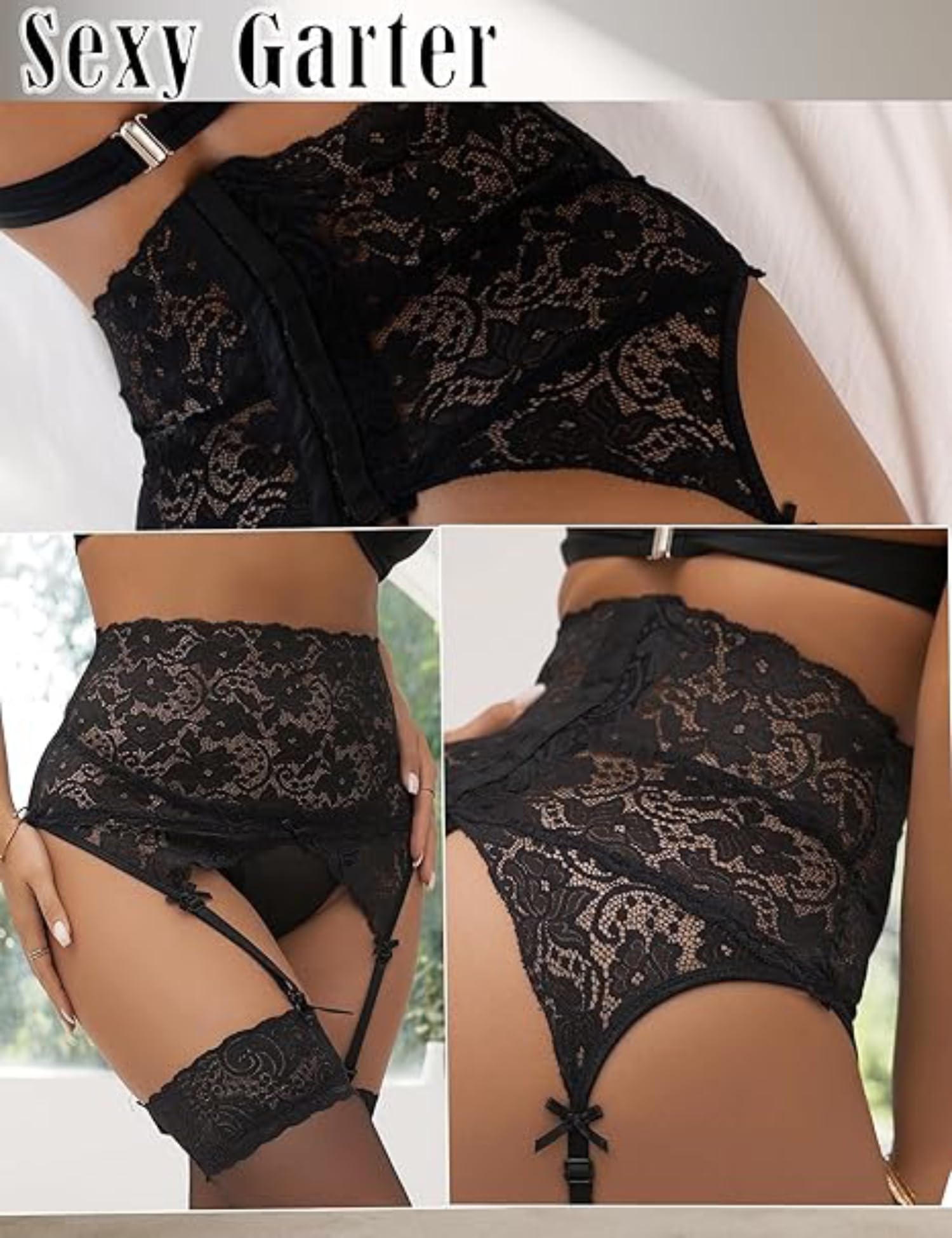 ohmydear Plus Size Lace Garter Belts High Waisted Suspender Belt Sets with 4 Straps for Thigh High Stockings Black XS-S