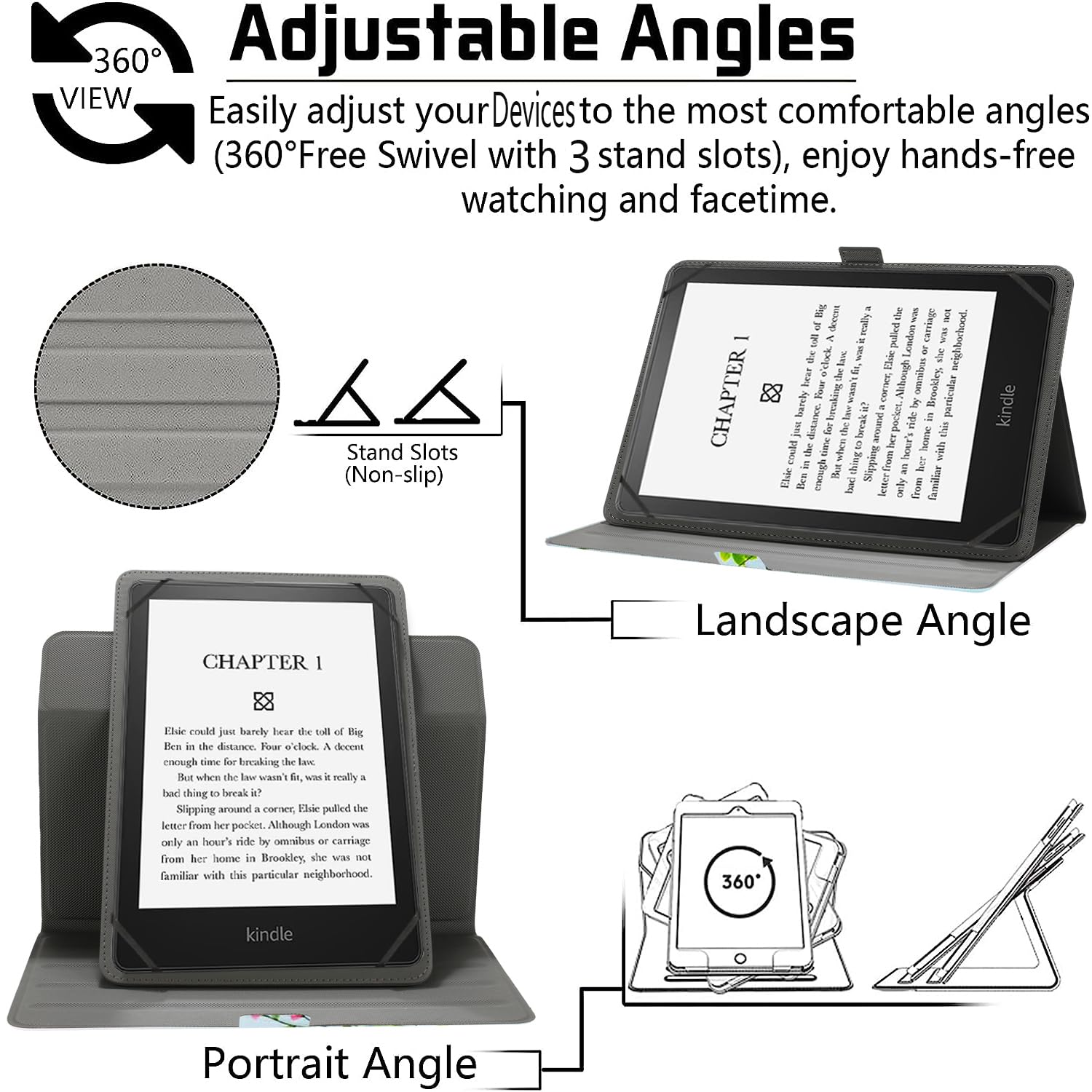 pudazvi Pudazvi Case for 6",6.8",7" Kindle/Kindle Paperwhite/Kobo/Nook/Tolino/E-Book Tablet,Universal 6-7 inch Tablet Case with 360 Degree Rotatable Kickstand Multiple Viewing,Flower Grass