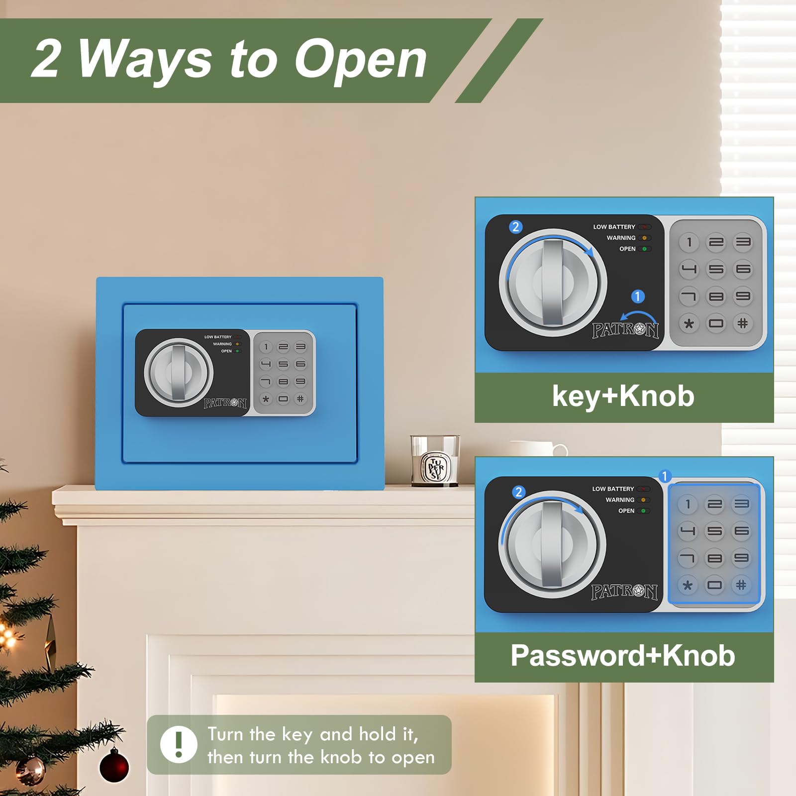 PATRON small safe box with key,mini safe for money,small coin safes for home with code,little jewelry lock box for kids,Wall or Cabinet Safe for personal items,0.236 Cubic Feet Blue