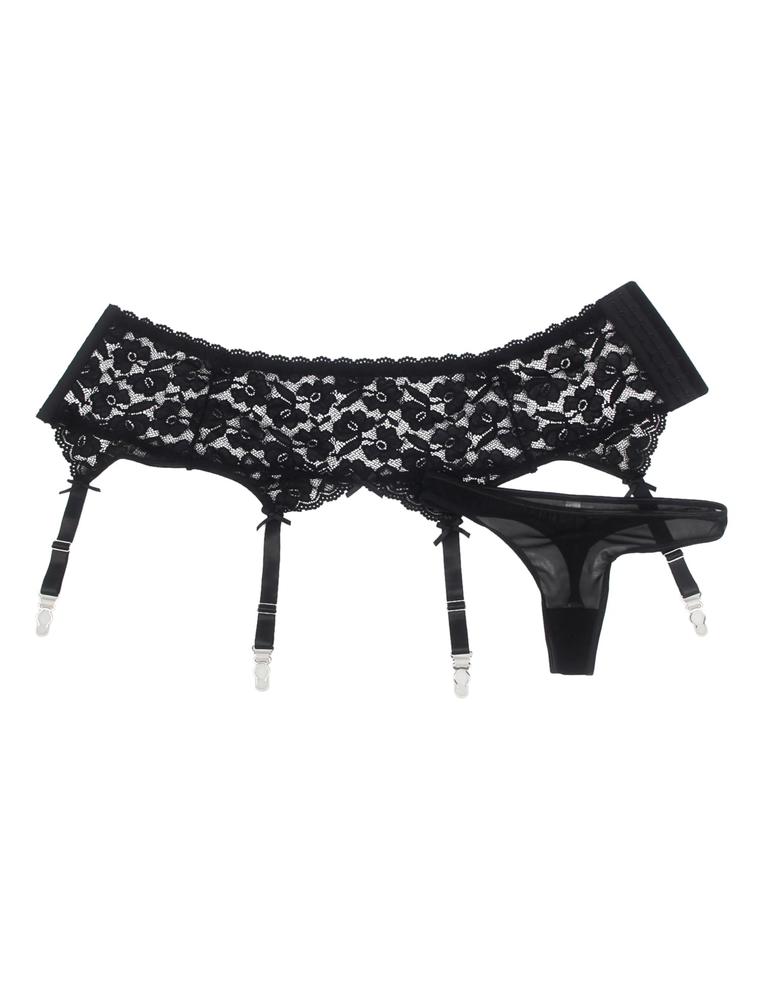 ohmydear Plus Size Lace Garter Belts High Waisted Suspender Belt Sets with 4 Straps for Thigh High Stockings Black XS-S