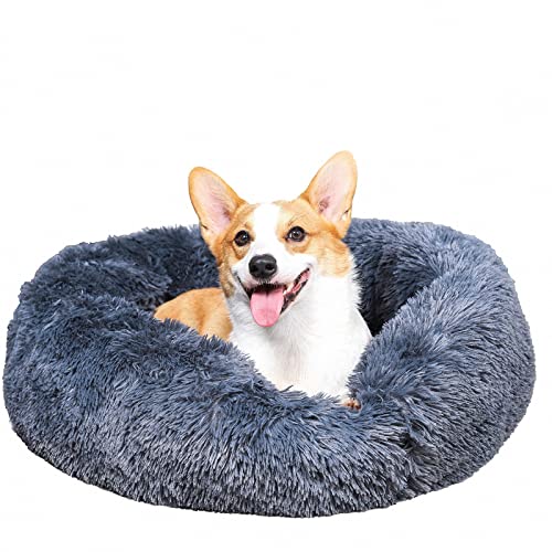 Calming Dog Bed & Cat Bed, 23" Anti-Anxiety Donut Dog Cuddler Bed, Warming Cozy Soft Dog Round Bed, Fluffy Faux Fur Plush Dog Cat Cushion Bed for Small Medium Dogs and Cats