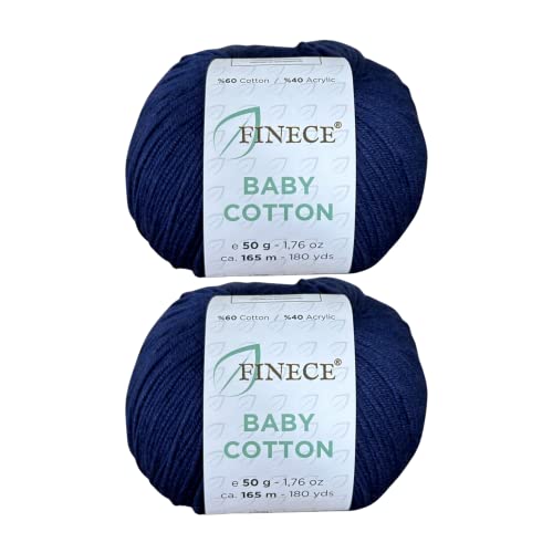 FINECE Baby Cotton, 60% Cotton 40% Acrylic Yarn, Fine (2) for Crochet and Knitting 2 x 1.76 Oz (2 x 50g) / 2 x 180 Yrds (2 x 165m), Soft Yarn, Amigurumi Yarn (2 Skeins, 3038 - Navy Blue)