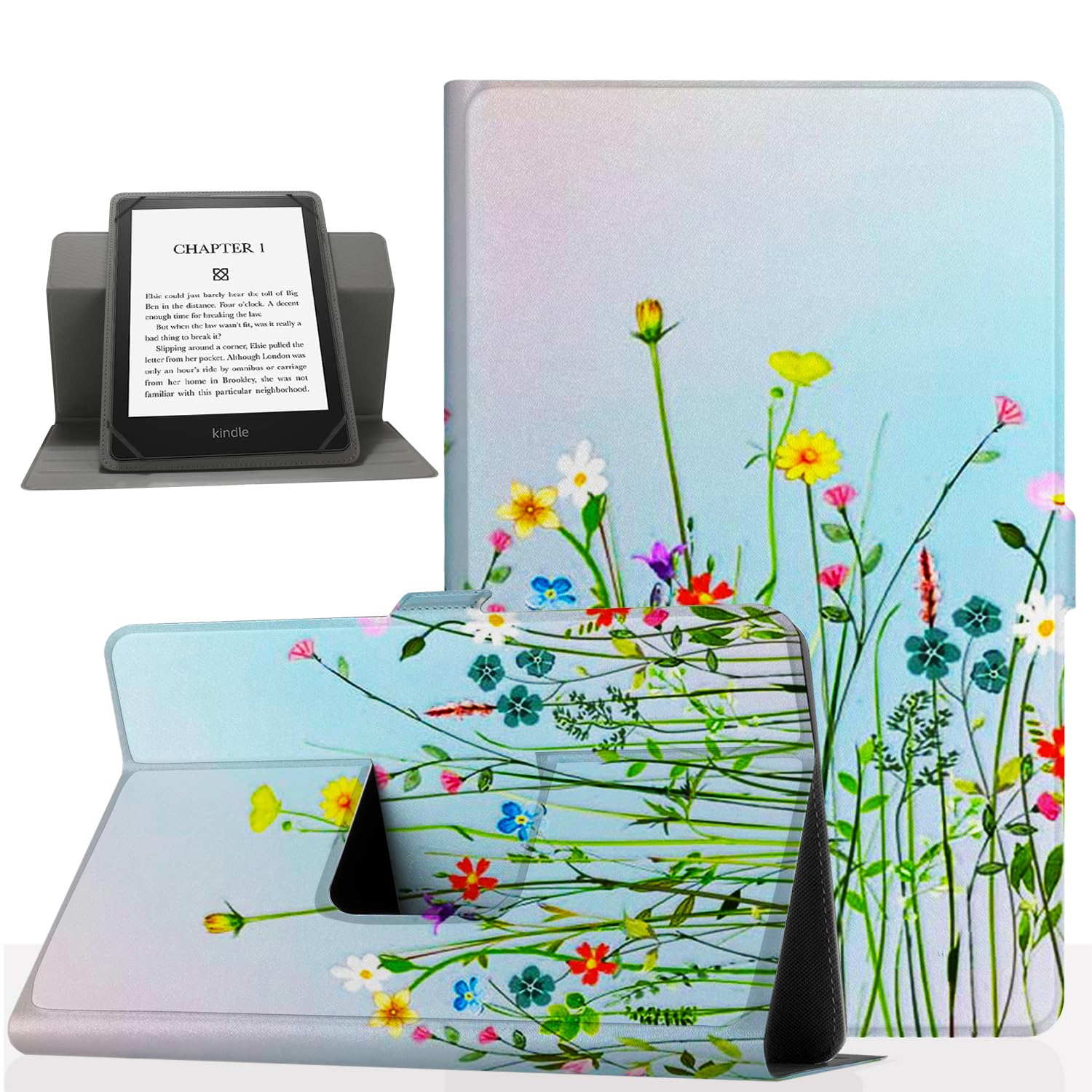 pudazvi Pudazvi Case for 6",6.8",7" Kindle/Kindle Paperwhite/Kobo/Nook/Tolino/E-Book Tablet,Universal 6-7 inch Tablet Case with 360 Degree Rotatable Kickstand Multiple Viewing,Flower Grass