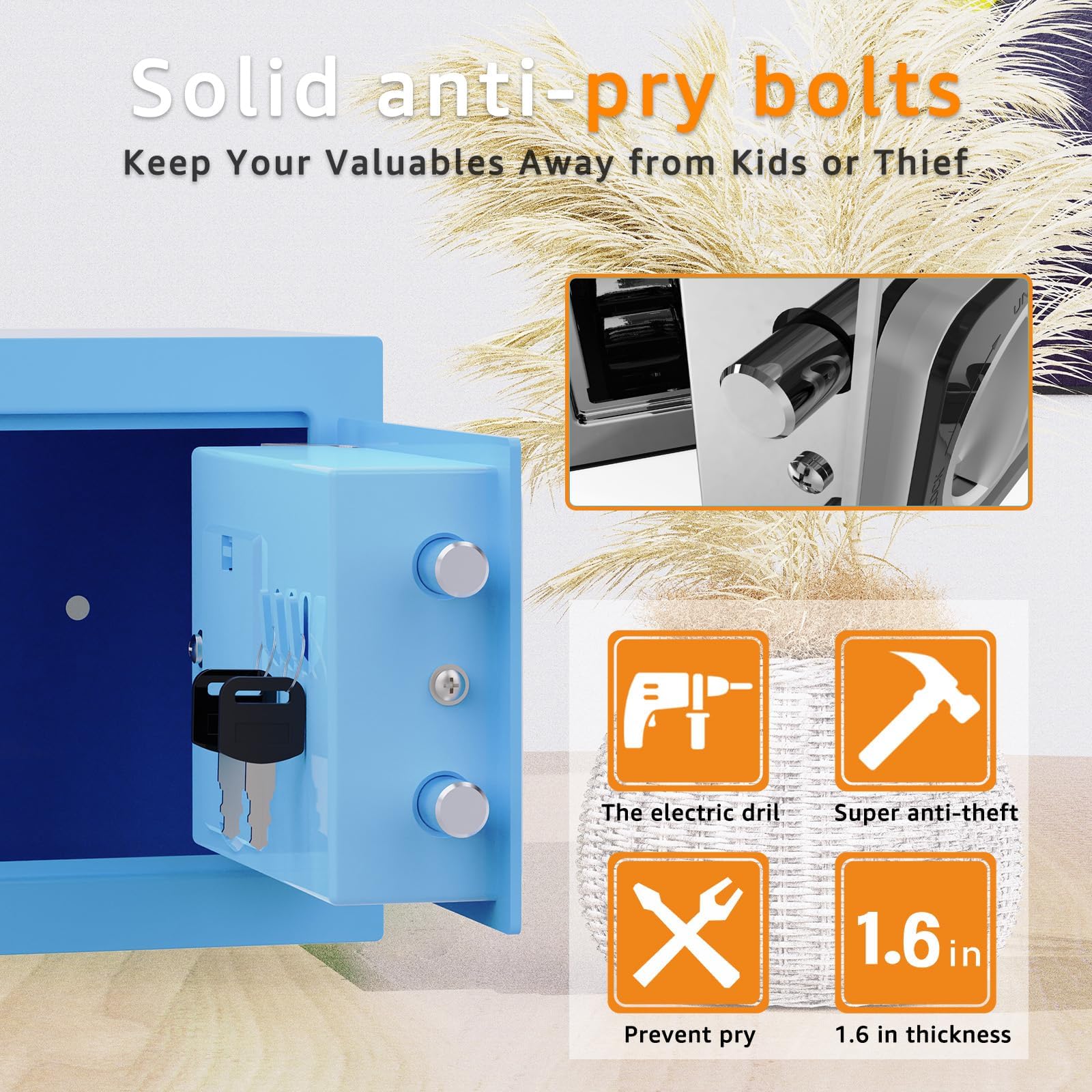 PATRON small safe box with key,mini safe for money,small coin safes for home with code,little jewelry lock box for kids,Wall or Cabinet Safe for personal items,0.236 Cubic Feet Blue