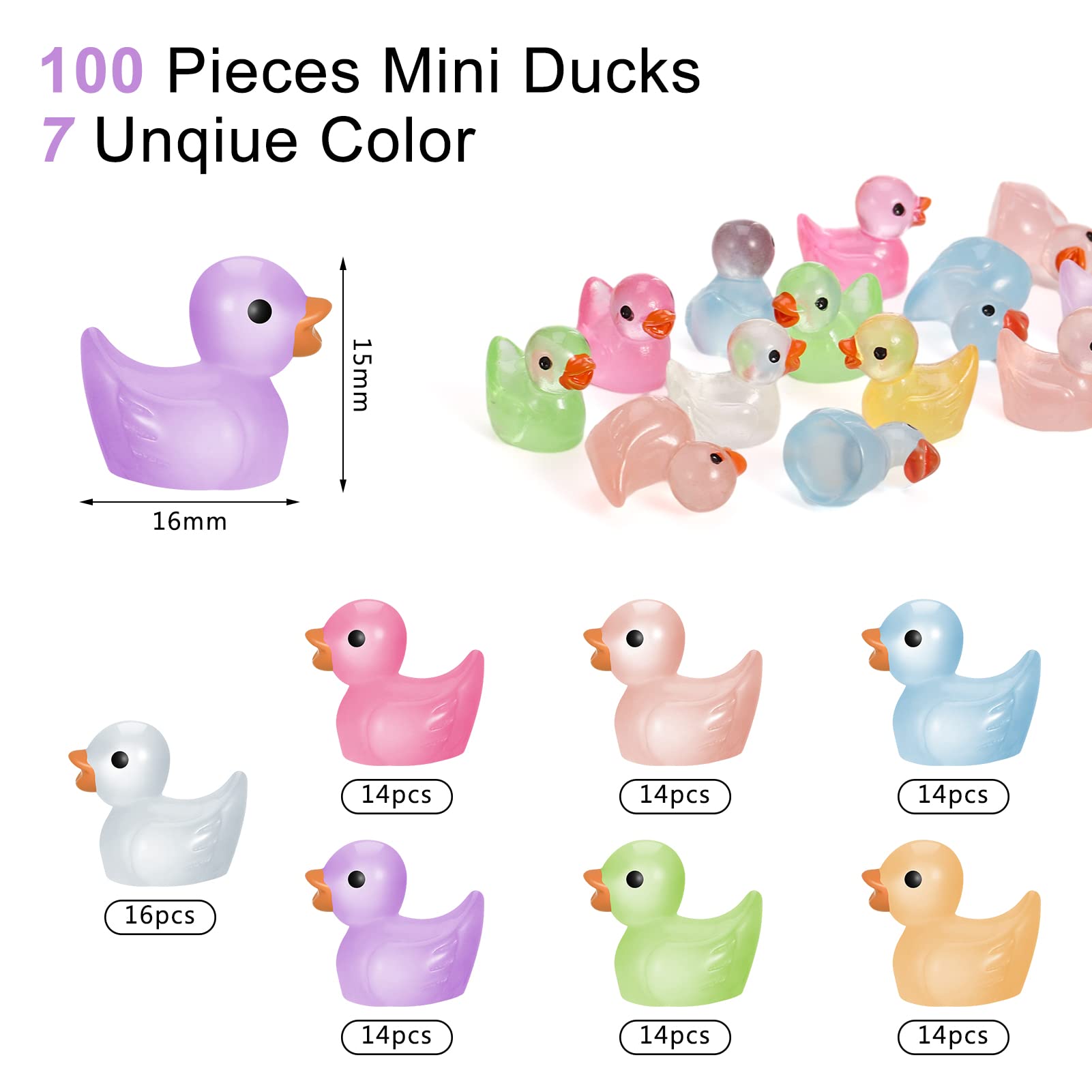 FRIUSATE 100 PCS Tiny Ducks Miniature Resin Duck Glow in The Dark Ducks Mini Figures Micro Landscape Aquarium Dollhouse Ornament Potted Plants DIY Decoration for Prank Party Favor, Ducks Luminous