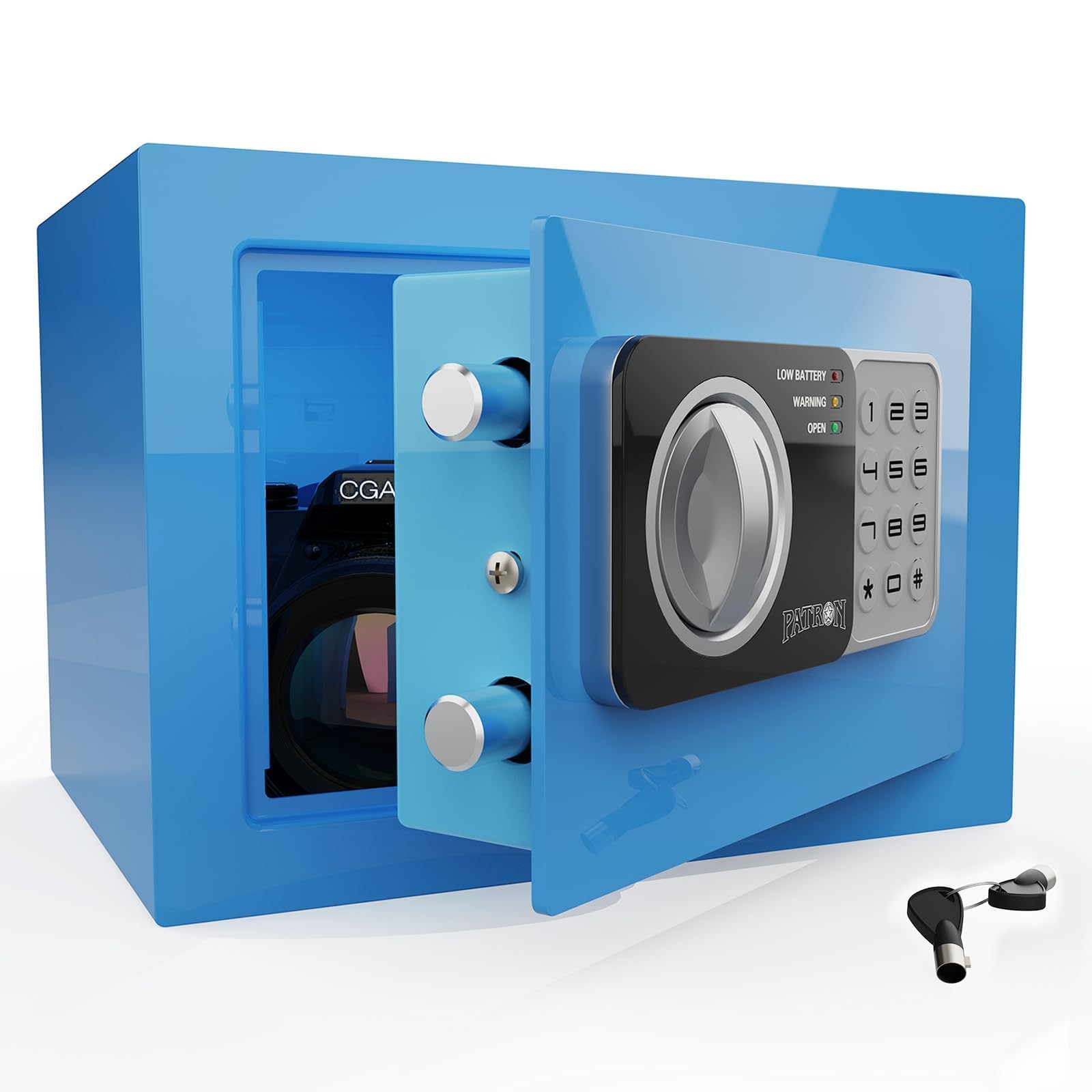 PATRON small safe box with key,mini safe for money,small coin safes for home with code,little jewelry lock box for kids,Wall or Cabinet Safe for personal items,0.236 Cubic Feet Blue