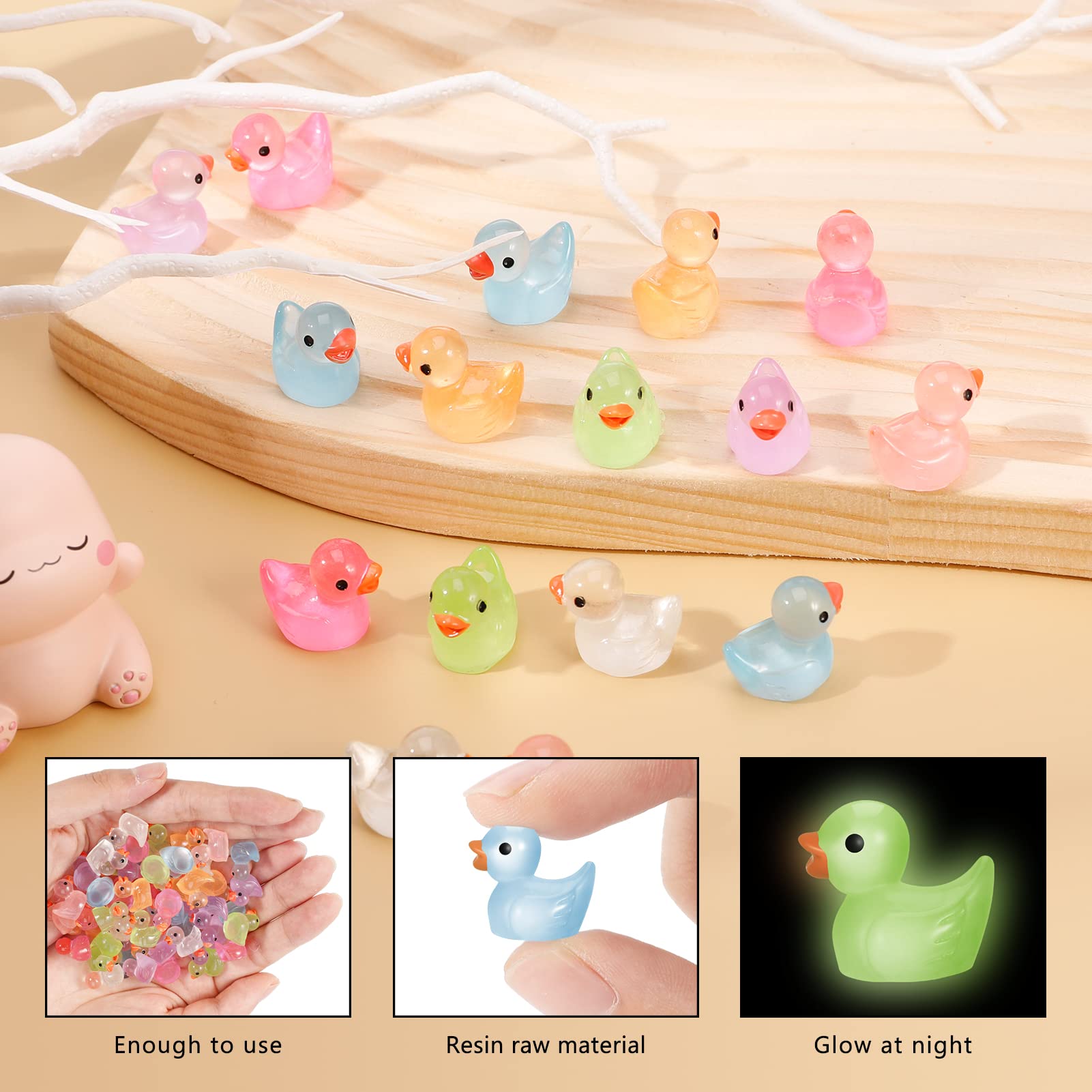 FRIUSATE 100 PCS Tiny Ducks Miniature Resin Duck Glow in The Dark Ducks Mini Figures Micro Landscape Aquarium Dollhouse Ornament Potted Plants DIY Decoration for Prank Party Favor, Ducks Luminous