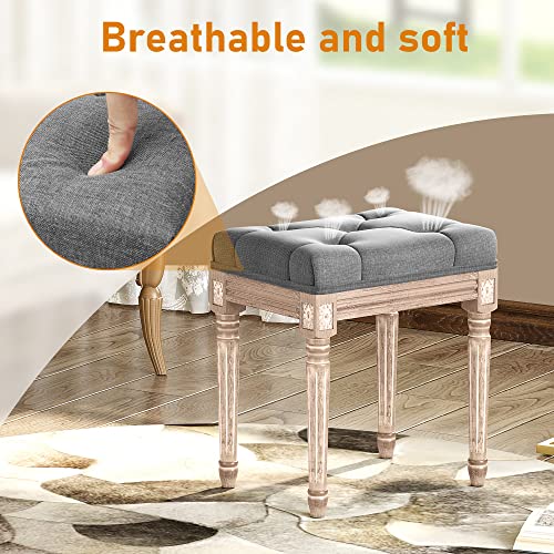 Yusong Vanity Stool Upholstered Bench Seat for Makeup Room, Vintage Small Bedroom Dining Bench with Tufted Fabric for Living Room, Piano Stool with Rustic Wood