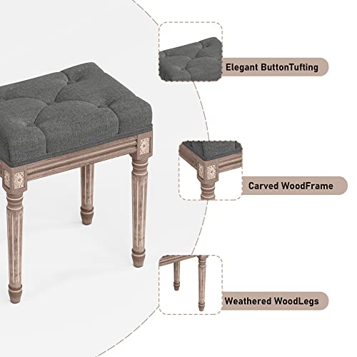 Yusong Vanity Stool Upholstered Bench Seat for Makeup Room, Vintage Small Bedroom Dining Bench with Tufted Fabric for Living Room, Piano Stool with Rustic Wood