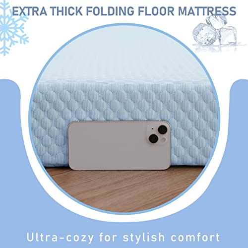MAXYOYO Cooling Mattress, Single Floor Sofa Bed with Foam Filling, Foldable Faux Fur Cover, Blue, 30x95 Inch, Helps Hot Sleepers