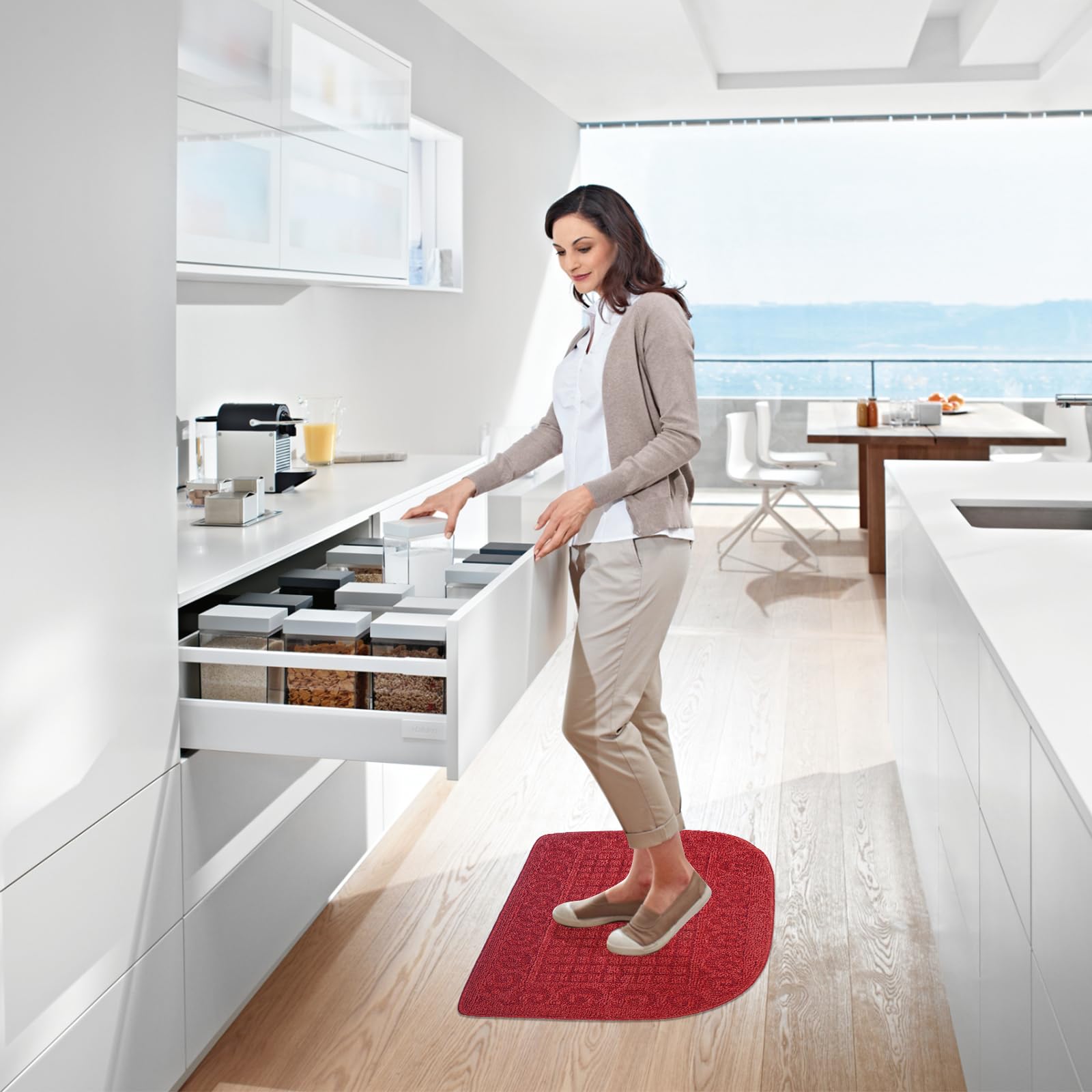 VANZAVANZU Half Round Kitchen Rug, Anti Fatigue Mat, Made of 100% Polypropylene, Non-Slip, Dirt-Resistant, Absorbent, Machine Washable, 27" x18" (Red)