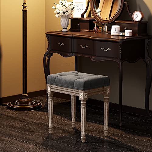 Yusong Vanity Stool Upholstered Bench Seat for Makeup Room, Vintage Small Bedroom Dining Bench with Tufted Fabric for Living Room, Piano Stool with Rustic Wood