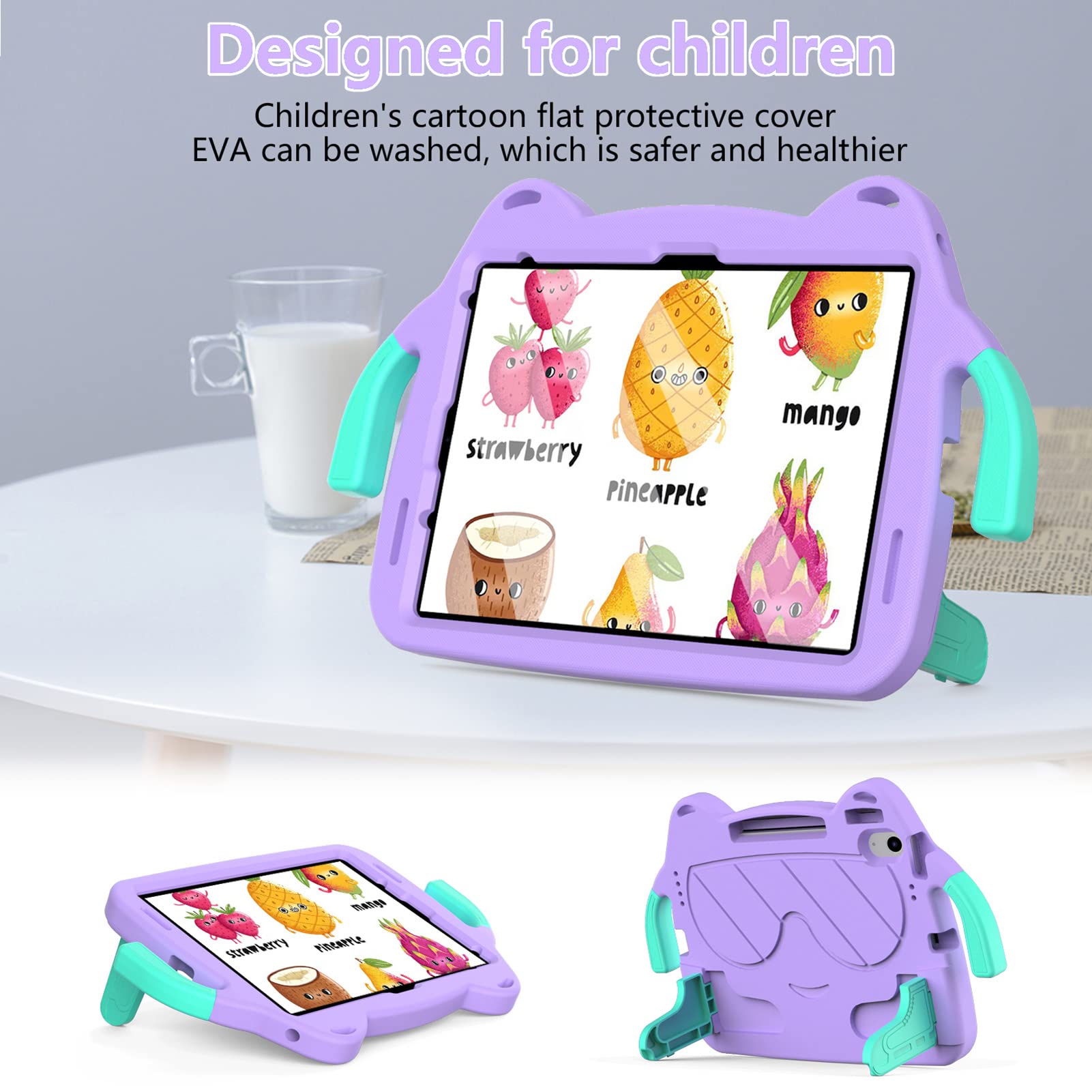 ESSTORE Kids Case Compatible with iPad 10th Generation (2022) 10.9 Inch Kids Case, Shockproof Case with Shoulder Strap/Handle/Stand Cute Cover, Lightpurple/MintGreen