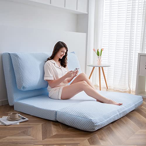 MAXYOYO Cooling Mattress, Single Floor Sofa Bed with Foam Filling, Foldable Faux Fur Cover, Blue, 30x95 Inch, Helps Hot Sleepers