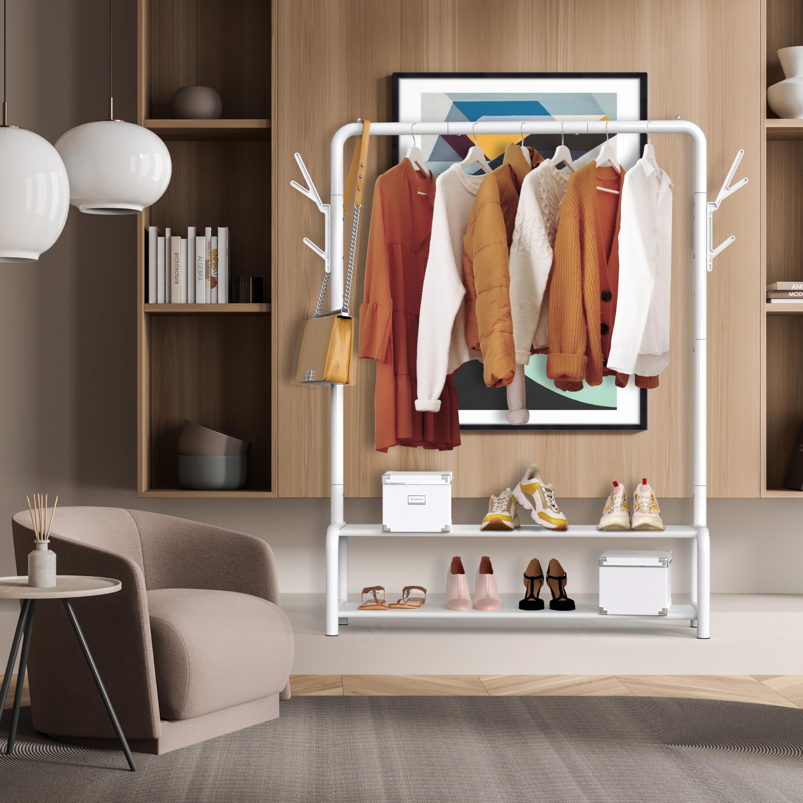 Simple Houseware Garment Rack with Storage Shelves and Coat/Hat Hanging Hooks, White
