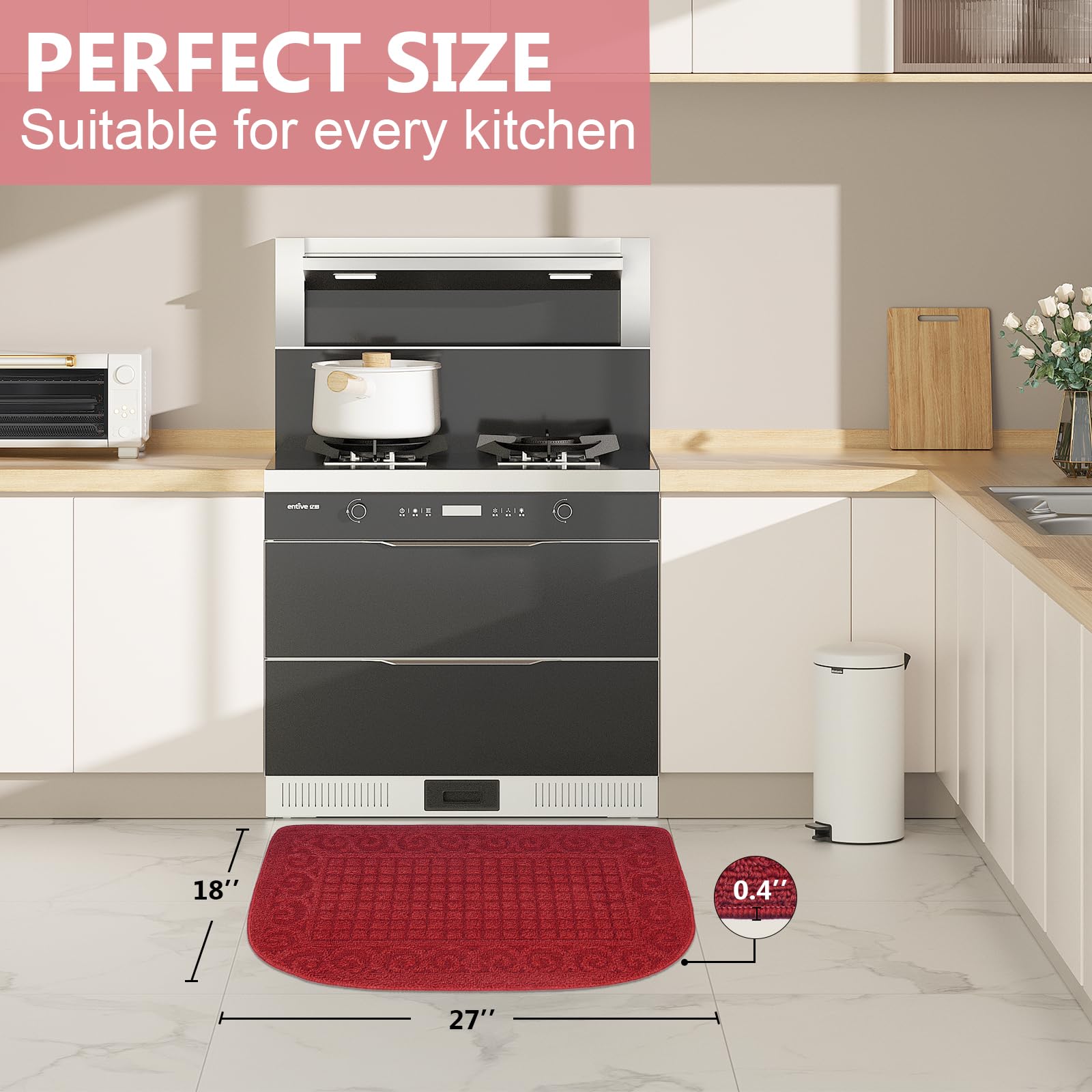 VANZAVANZU Half Round Kitchen Rug, Anti Fatigue Mat, Made of 100% Polypropylene, Non-Slip, Dirt-Resistant, Absorbent, Machine Washable, 27" x18" (Red)