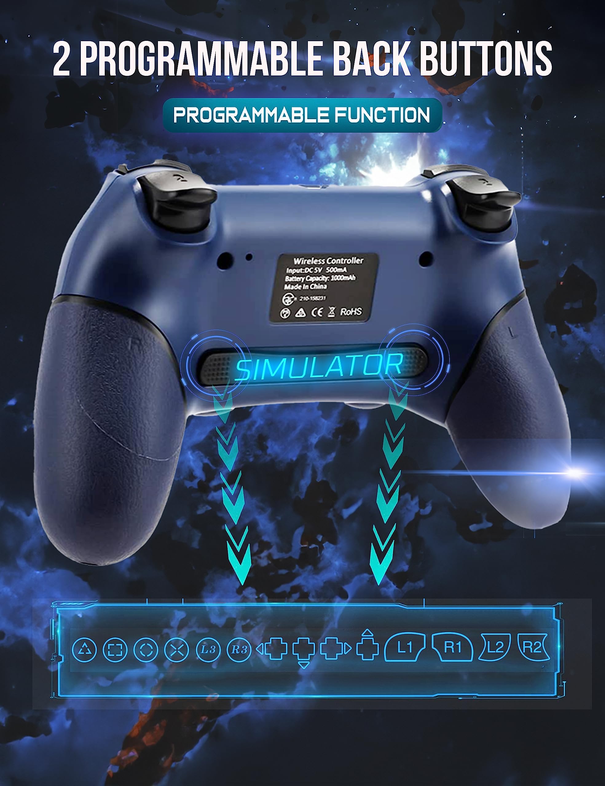 TJPD Wireless Controller for PS4, Wireless Remote Gamepad with 2 Programmable Back Buttons/Turbo/Dual Vibration/Touch Pad/Six-axis Motion (Blue) (Blue)