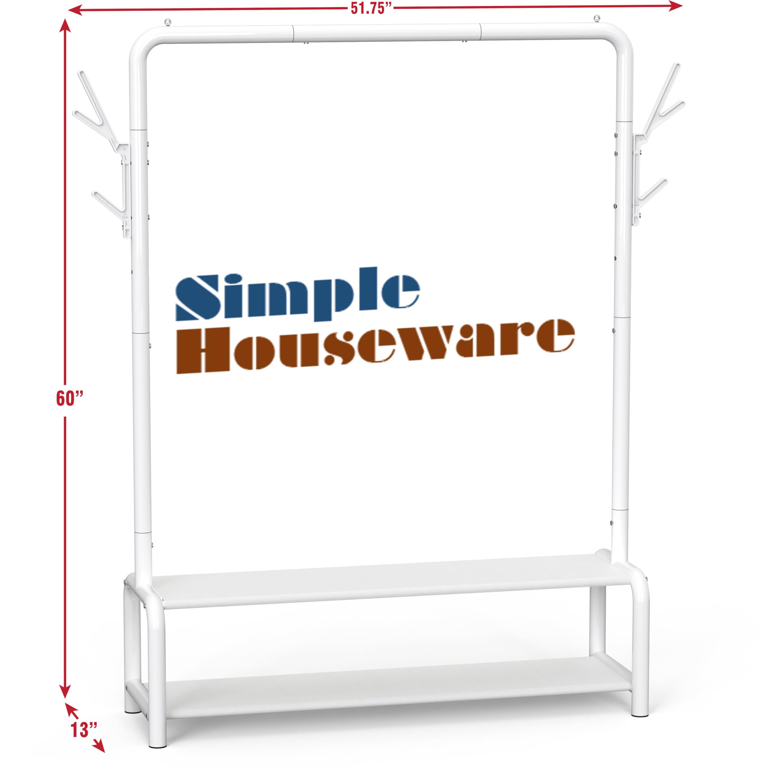 Simple Houseware Garment Rack with Storage Shelves and Coat/Hat Hanging Hooks, White