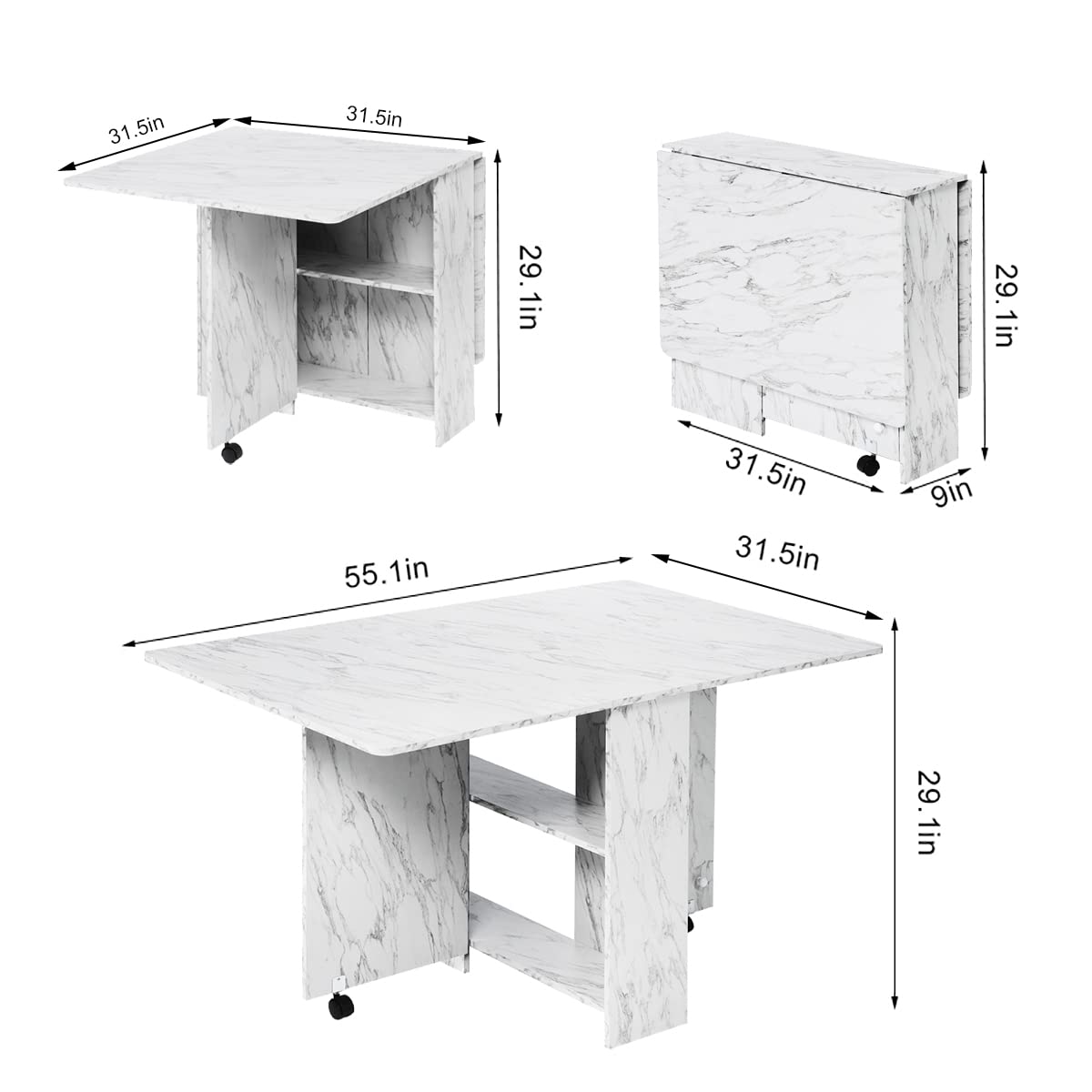 VANSPACE Folding Dining Table Drop Leaf Table for Small Spaces with Storage Racks Multifunction Space Saving Table Extension Dinner Table for Kitchen Bedroom Dining Room White Marble