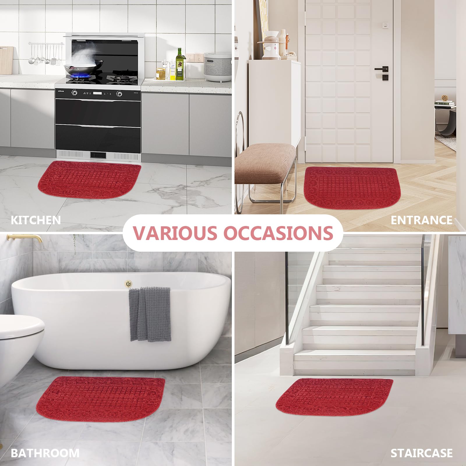VANZAVANZU Half Round Kitchen Rug, Anti Fatigue Mat, Made of 100% Polypropylene, Non-Slip, Dirt-Resistant, Absorbent, Machine Washable, 27" x18" (Red)