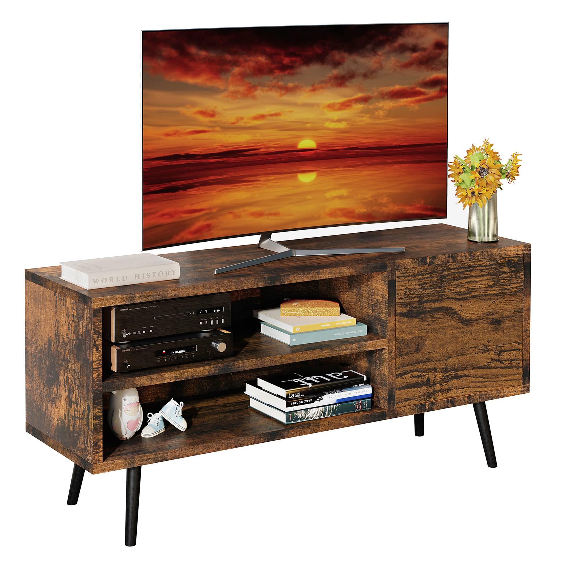 Vongrasig TV Stand for 55 Inch TV, Entertainment Center, Media Console Table with Open Shelves and Storage Drawer for Bedroom, Living Room, Wood Modern Farmhouse Television Stands, Rustic Brown