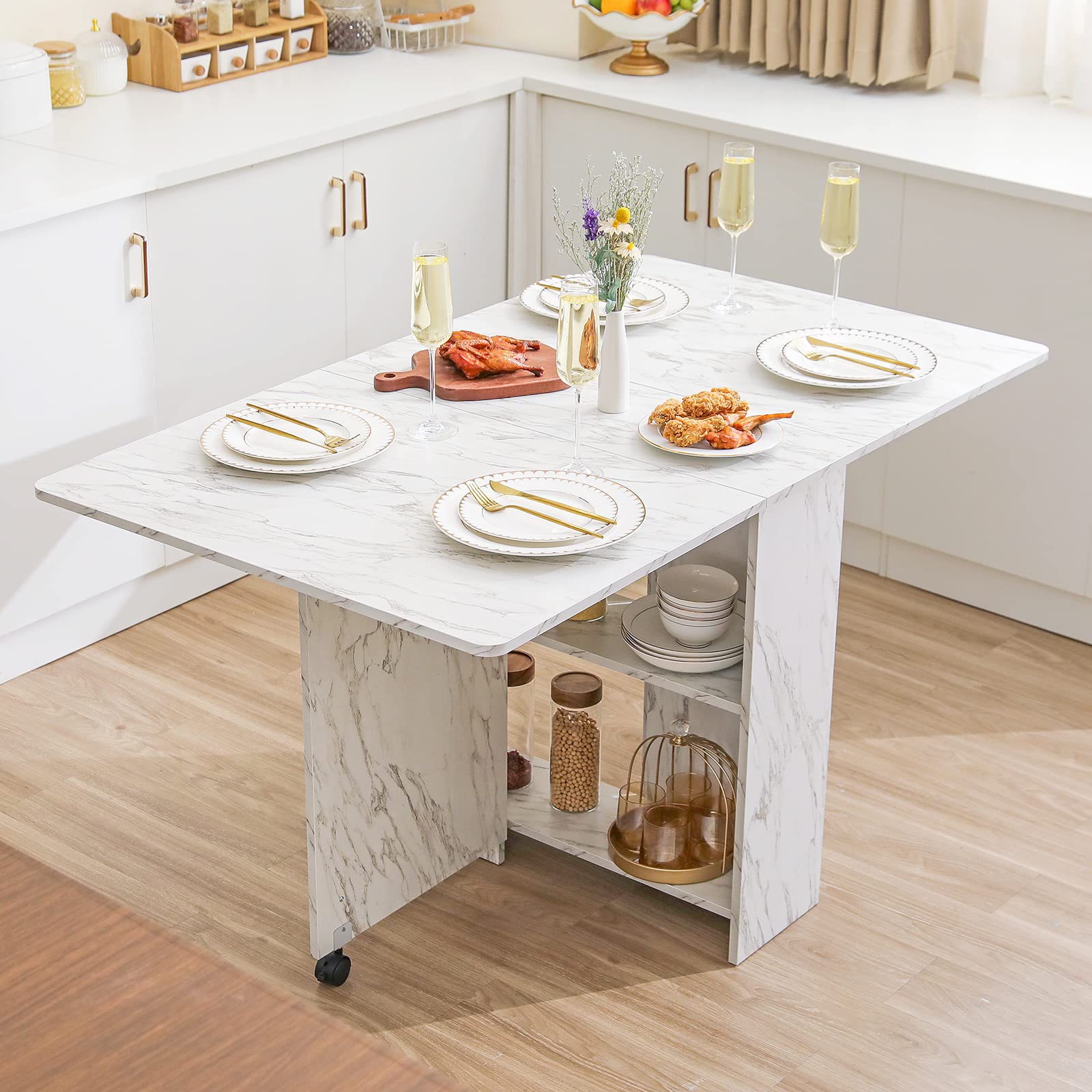 VANSPACE Folding Dining Table Drop Leaf Table for Small Spaces with Storage Racks Multifunction Space Saving Table Extension Dinner Table for Kitchen Bedroom Dining Room White Marble