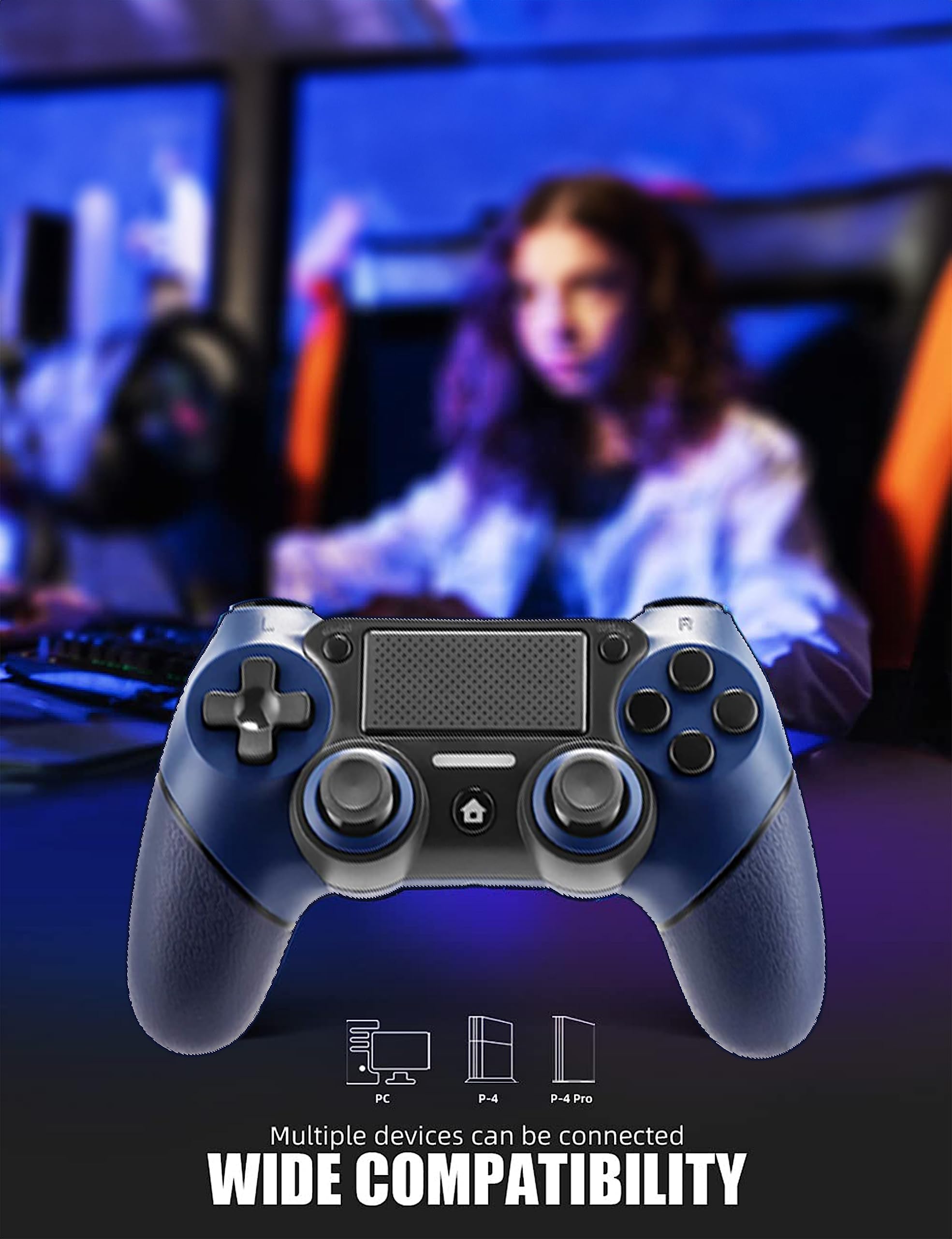 TJPD Wireless Controller for PS4, Wireless Remote Gamepad with 2 Programmable Back Buttons/Turbo/Dual Vibration/Touch Pad/Six-axis Motion (Blue) (Blue)