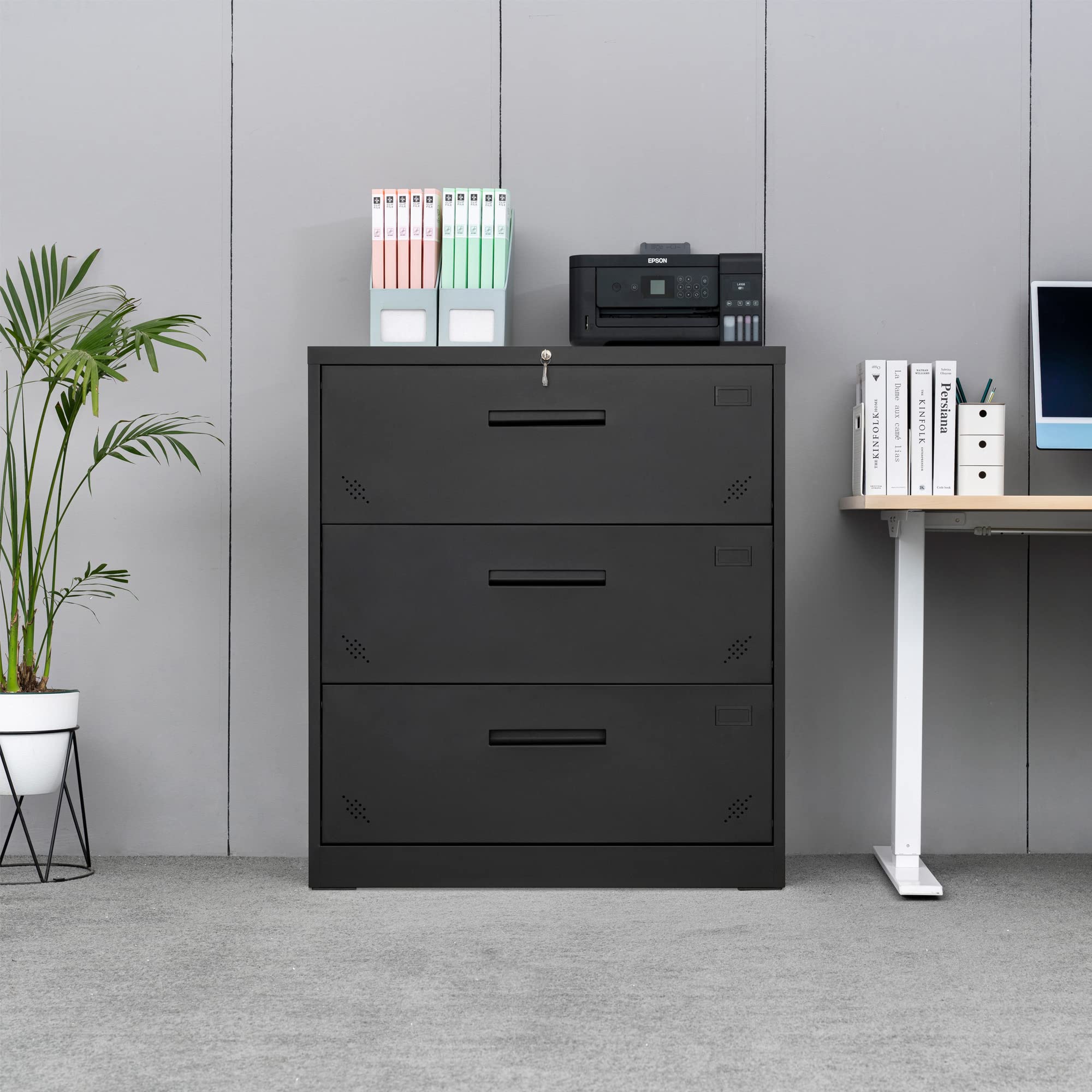 Anwickhomk Lockable 3-Drawer Lateral File Cabinet for Legal/Letter A4 Size,Heavy Duty Metal Filing Cabinet with Large Deep Drawers and Key Locks for Home Office (3 Drawers, Black)