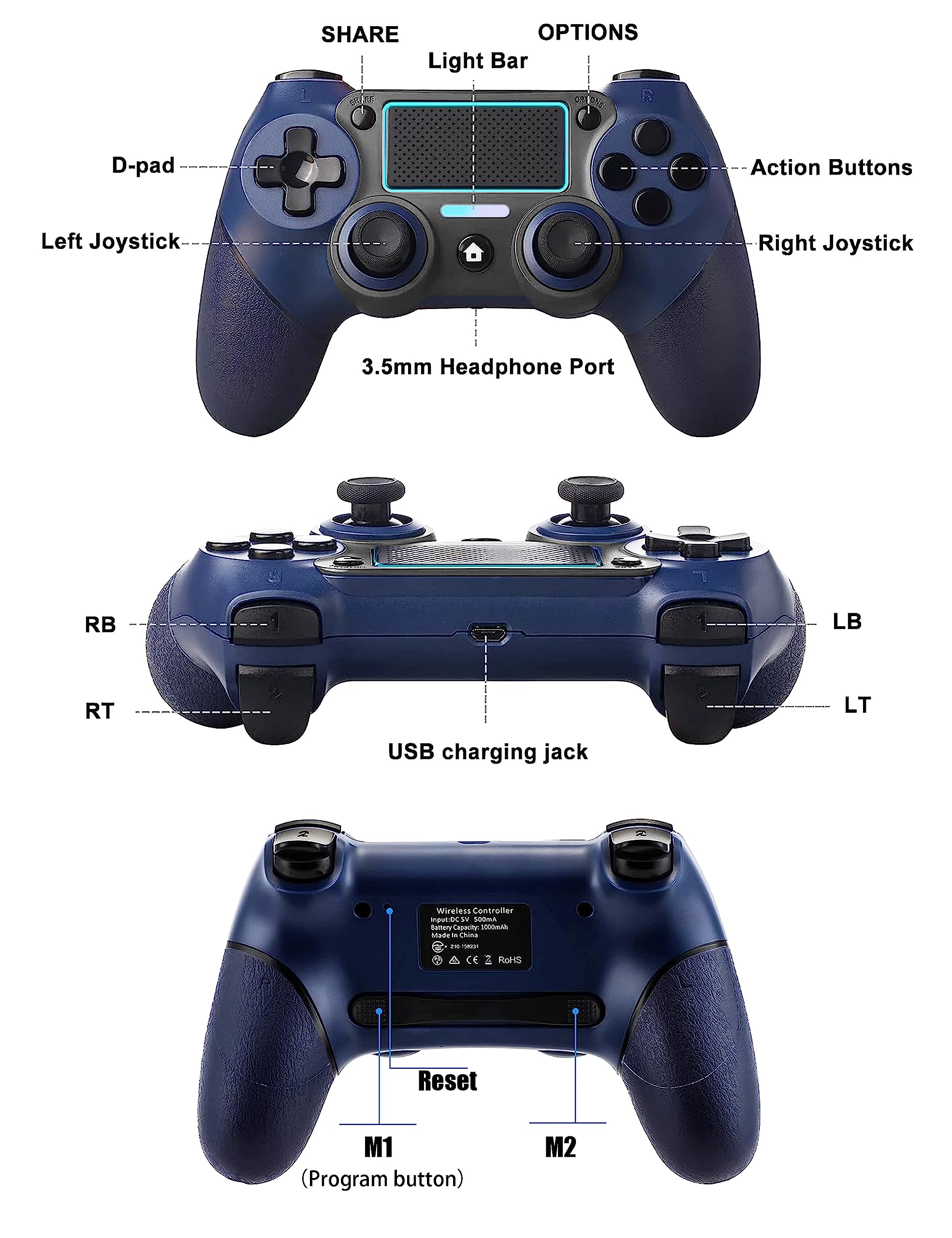 TJPD Wireless Controller for PS4, Wireless Remote Gamepad with 2 Programmable Back Buttons/Turbo/Dual Vibration/Touch Pad/Six-axis Motion (Blue) (Blue)