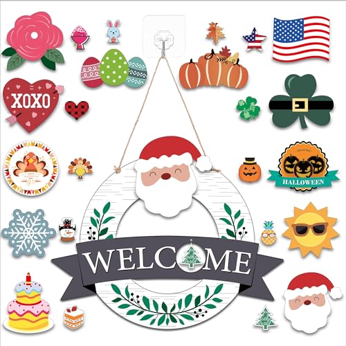 Welcome Sign for Front Door Decor Openwork Interchangeable Sign for Fall Decor and Farmhouse Decor with 12 pairs of Interchangeable Seasonal Holiday Icons,Suitable for