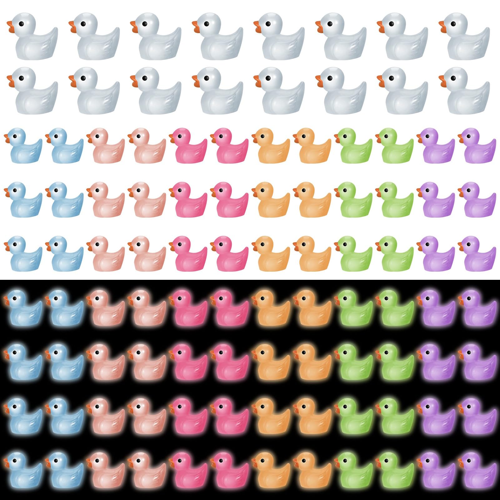 FRIUSATE 100 PCS Tiny Ducks Miniature Resin Duck Glow in The Dark Ducks Mini Figures Micro Landscape Aquarium Dollhouse Ornament Potted Plants DIY Decoration for Prank Party Favor, Ducks Luminous