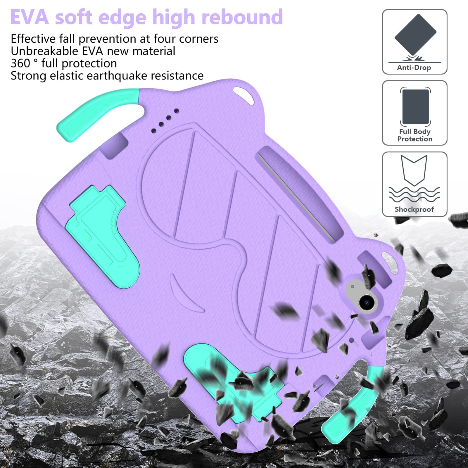 ESSTORE Kids Case Compatible with iPad 10th Generation (2022) 10.9 Inch Kids Case, Shockproof Case with Shoulder Strap/Handle/Stand Cute Cover, Lightpurple/MintGreen