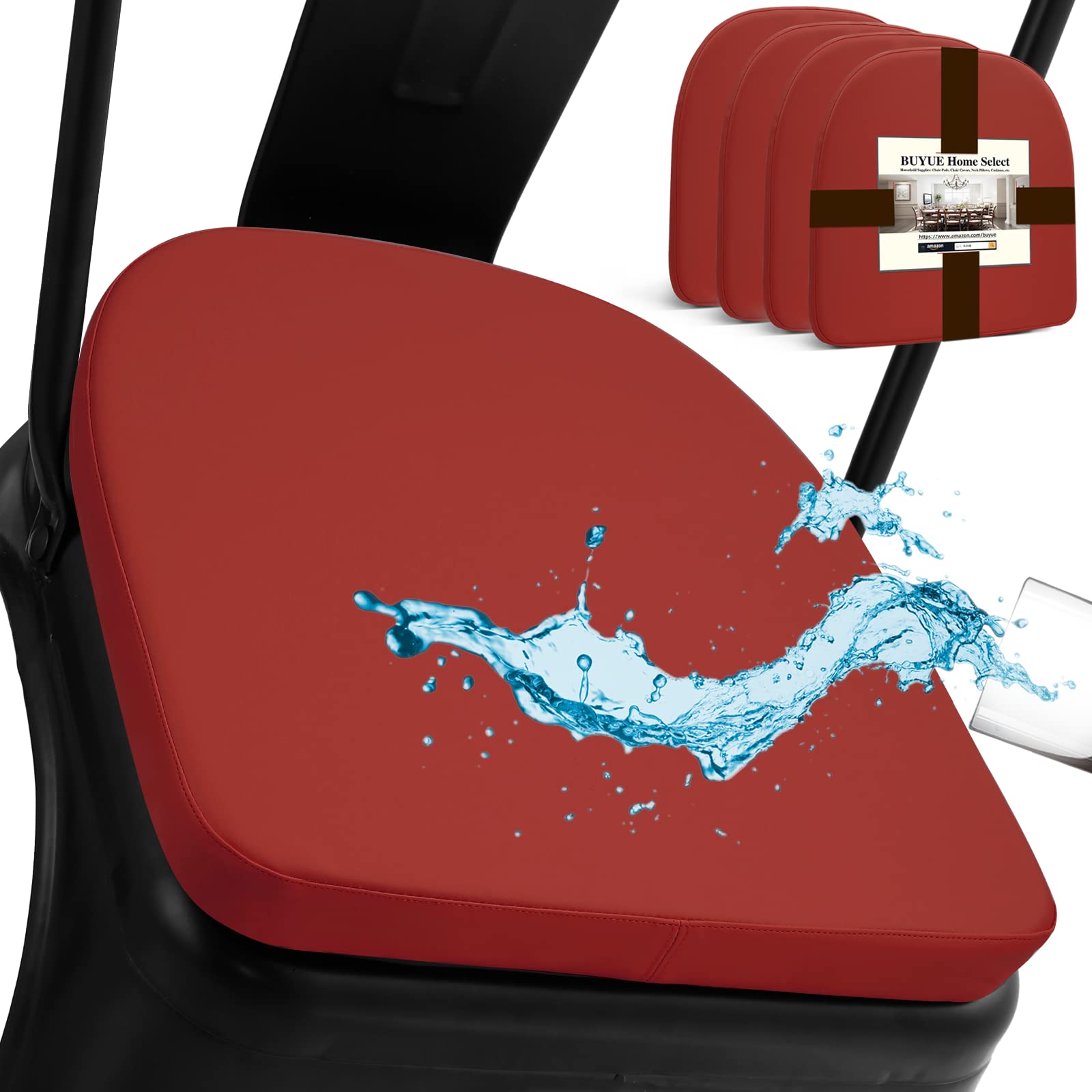 BUYUE 14" Metal Chair Cushions with Magnetic Set of 4, Luxury PU Leather Waterproof Anti-Slip Seat Pads for Kitchen Cafe Dining Bistro Stackable Chairs (U-Shape, Red, 4)