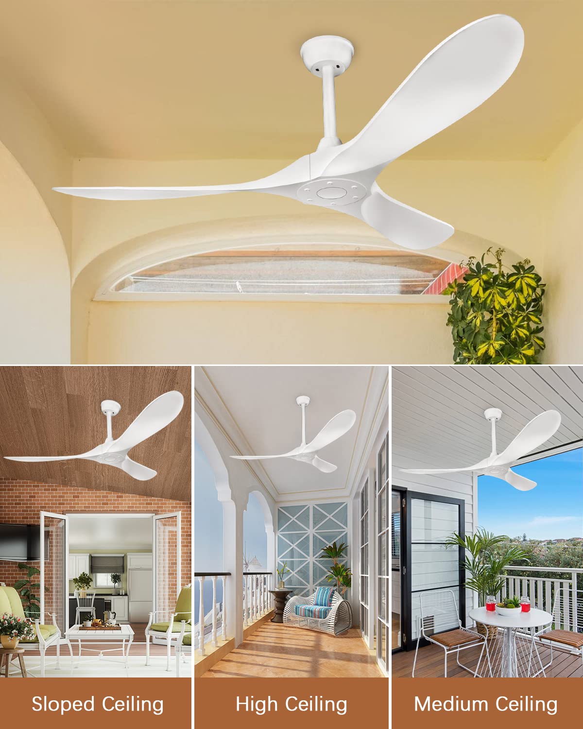 KASASS Ceiling Fan with Remote Control No Light, 52" Low Profile Ceiling Fan Outdoor/Indoor, 3 Blades 6 Speeds Reversible DC Motor Modern Ceiling Fans for Patio, Bedroom, Living Room, Porch (White)
