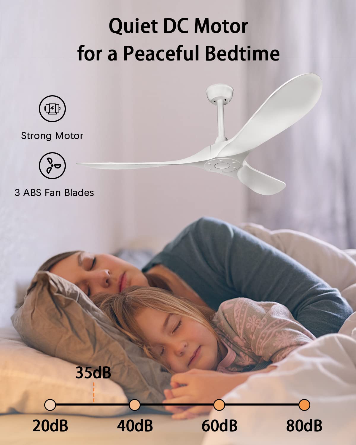 KASASS Ceiling Fan with Remote Control No Light, 52" Low Profile Ceiling Fan Outdoor/Indoor, 3 Blades 6 Speeds Reversible DC Motor Modern Ceiling Fans for Patio, Bedroom, Living Room, Porch (White)