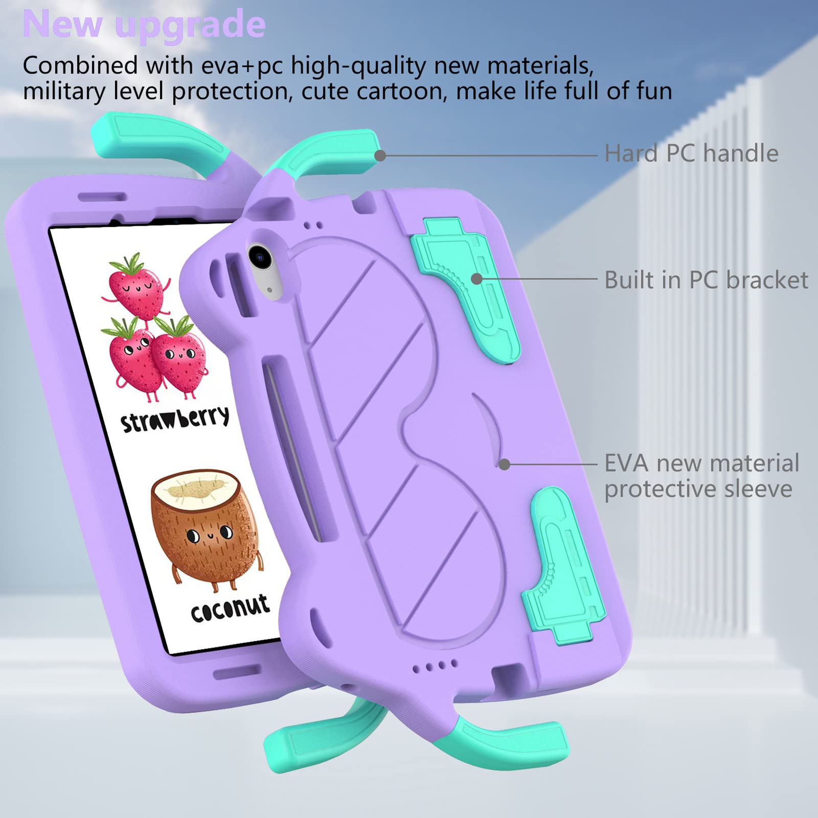ESSTORE Kids Case Compatible with iPad 10th Generation (2022) 10.9 Inch Kids Case, Shockproof Case with Shoulder Strap/Handle/Stand Cute Cover, Lightpurple/MintGreen