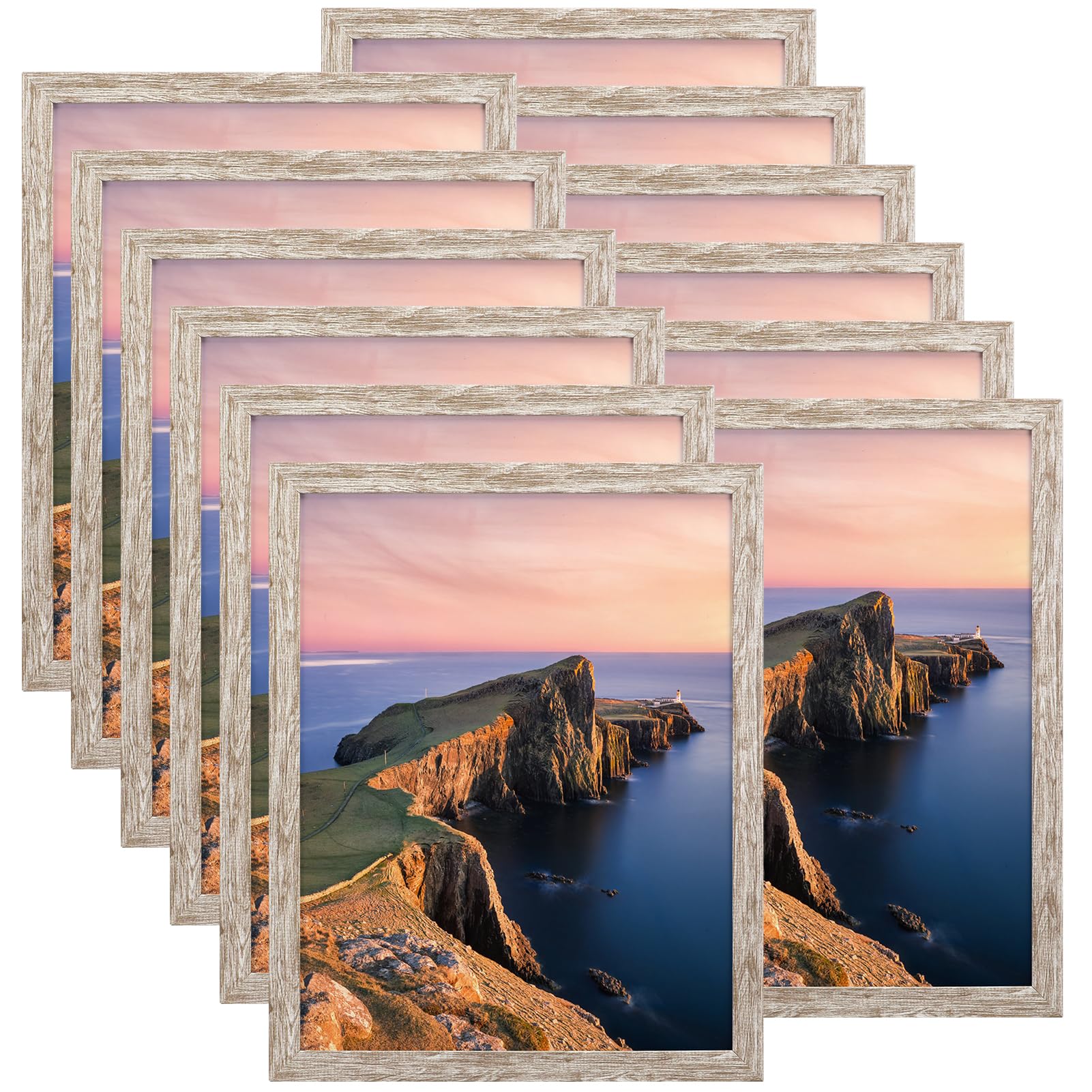 Giftgarden 11x14 Picture Frame Distressed Beige White Set of 12, Multi Rustic Wood Grain 11 by 14 Photo Frames Bulk for Wall or Tabletop Display