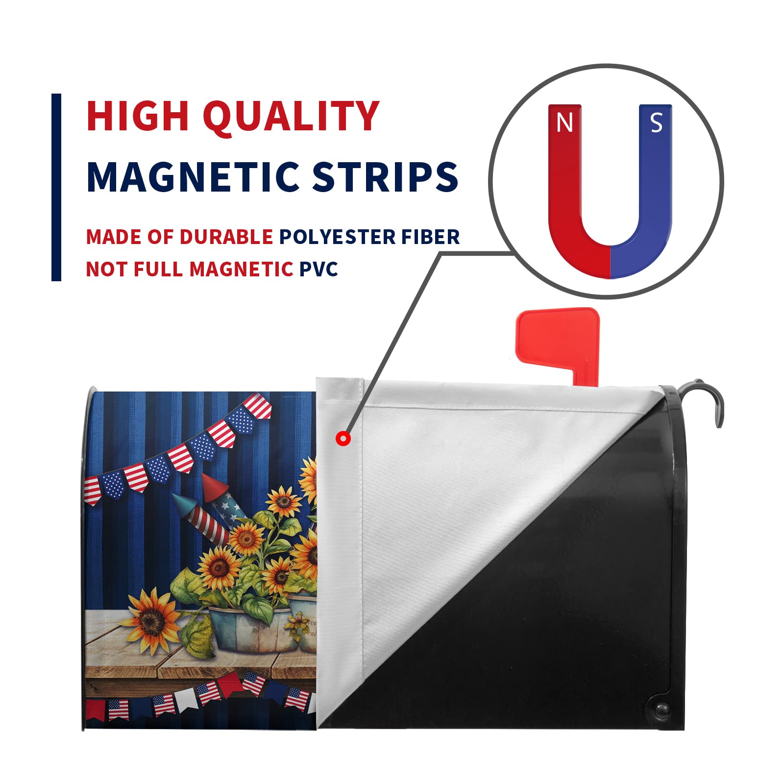 Dacawin Summer Sunflower Magnetic Mailbox Covers Blue Floral Patriotic American Flag Mailbox Post Cover July 4th Flower Mailbox Decor Waterproof Mailbox Wraps Standard Size 21X18 Inch