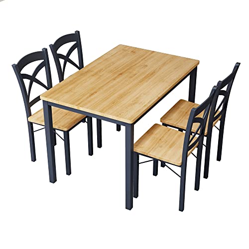 Voohek 5 Piece Counter Height Dining Set Rubber Wood Console Table with Metal Frame and 4 Chairs for Small Places, Breakfast Nook, Oak