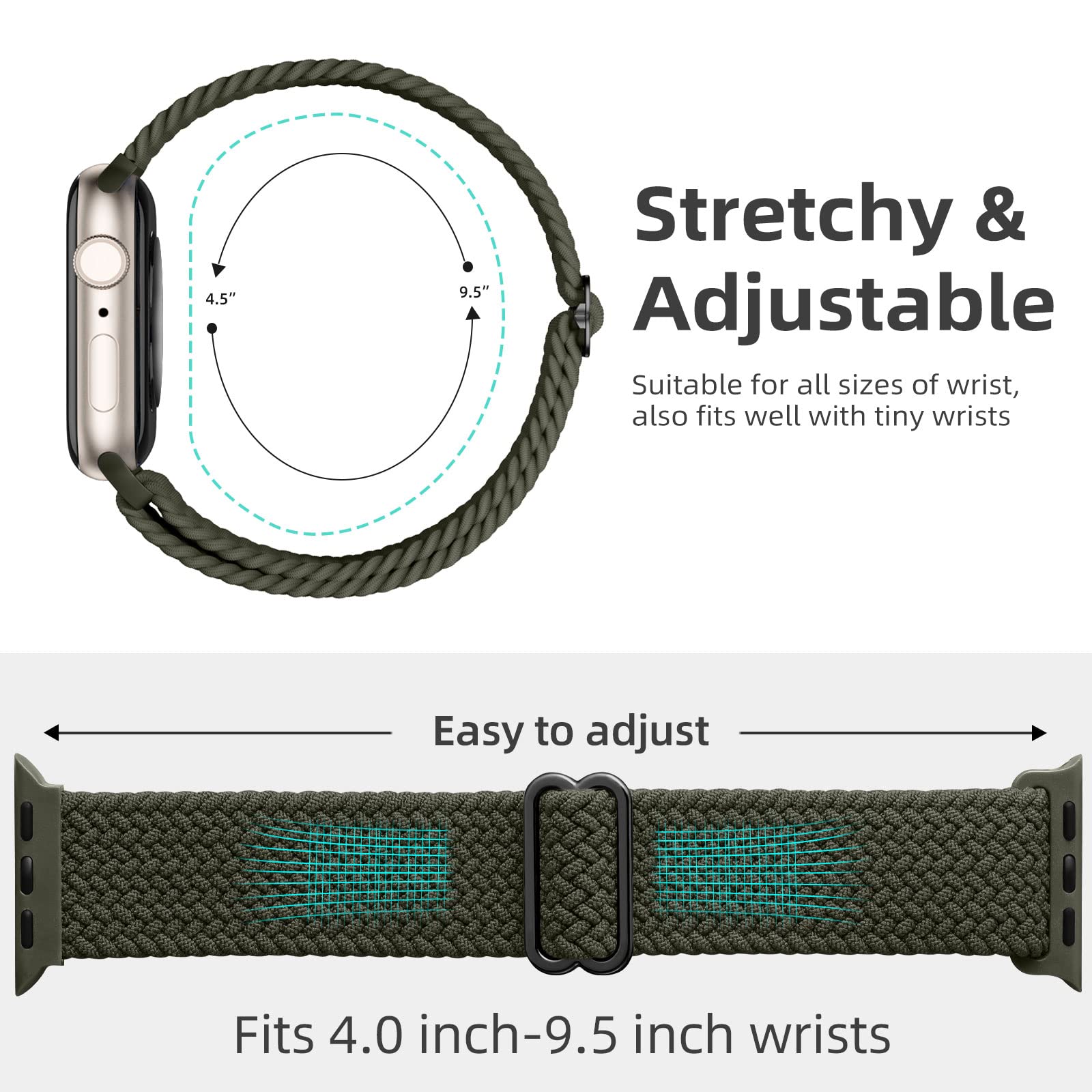 DaQin 4 Pack Braided Solo Loop Bands Compatible with Apple Watch Band 38mm 40mm 41mm Women Men, Adjustable Stretchy Nylon Bands Elastic Sport Wristbands for iWatch Series 10 9 8 7 6 5 4 3 2 1 SE Ultra