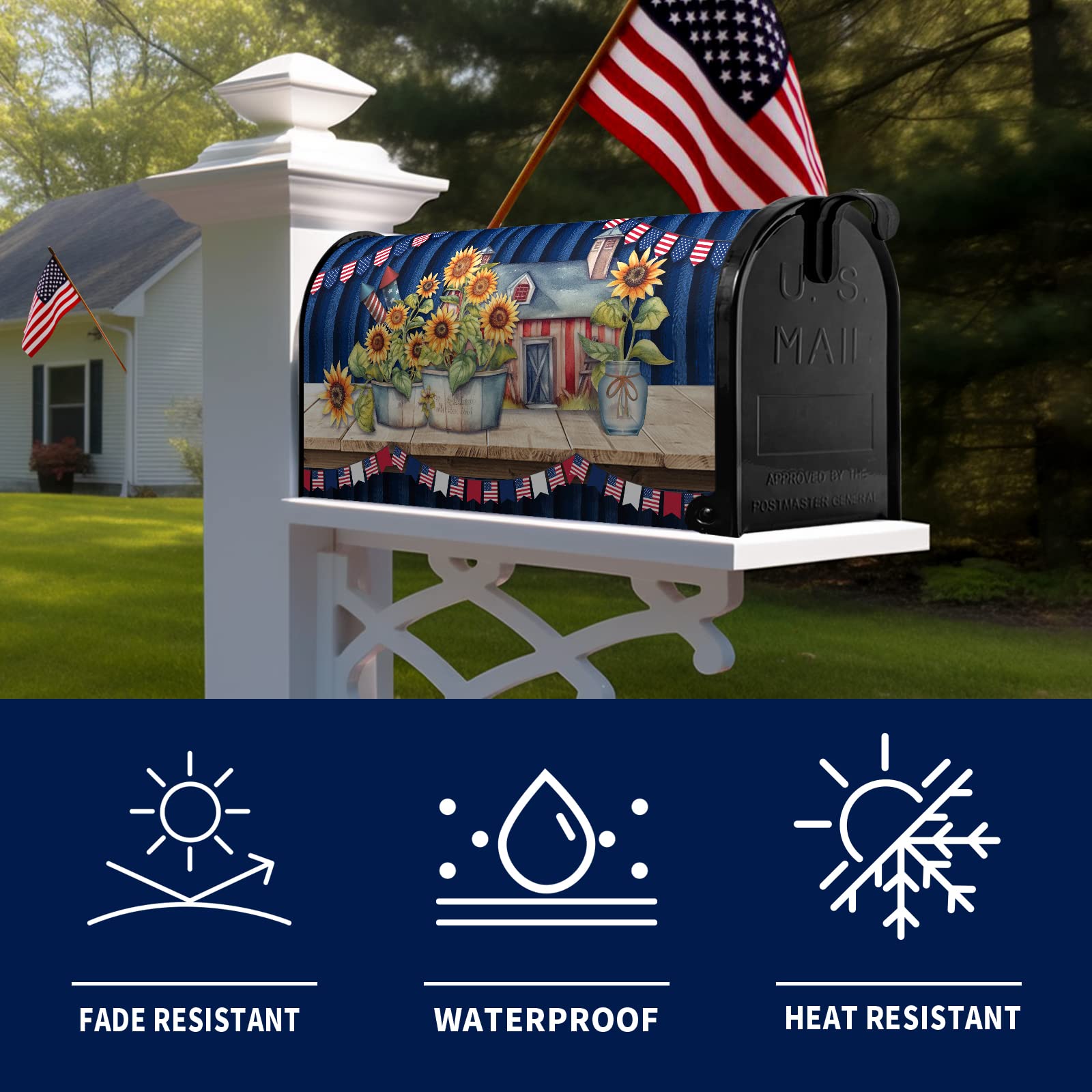 Dacawin Summer Sunflower Magnetic Mailbox Covers Blue Floral Patriotic American Flag Mailbox Post Cover July 4th Flower Mailbox Decor Waterproof Mailbox Wraps Standard Size 21X18 Inch