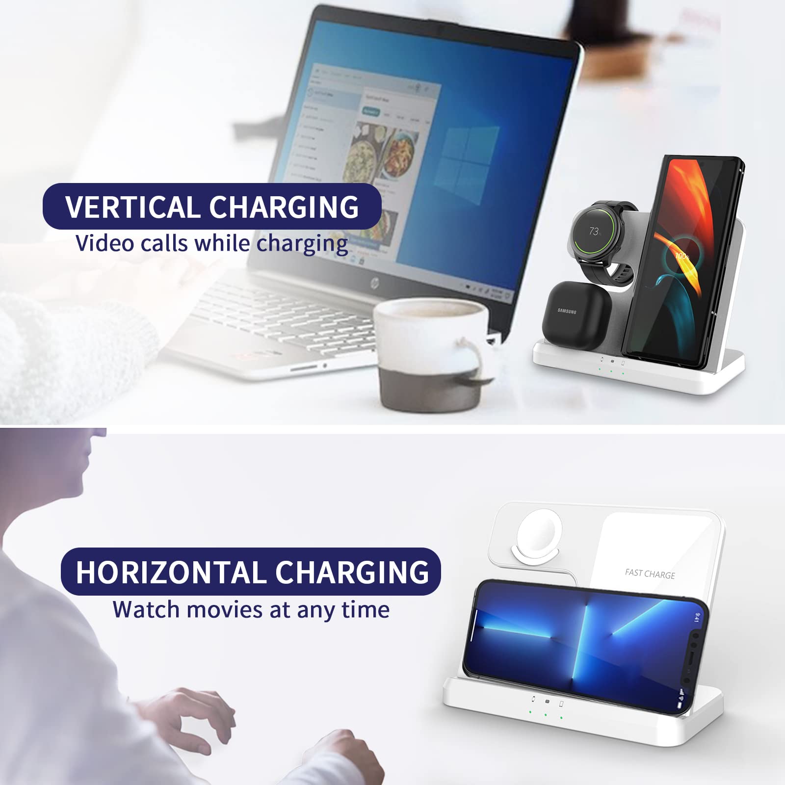Wireless Charger for Samsung Charging Station 3 in 1 Fast Charger Phone Stand Dock for Galaxy S23 S22 S22+ S21 S20 Ultra/Note20/Z Flip Fold 4 3 2, Buds/2/Pro/Live, for Galaxy Watch 5 Pro/4/3