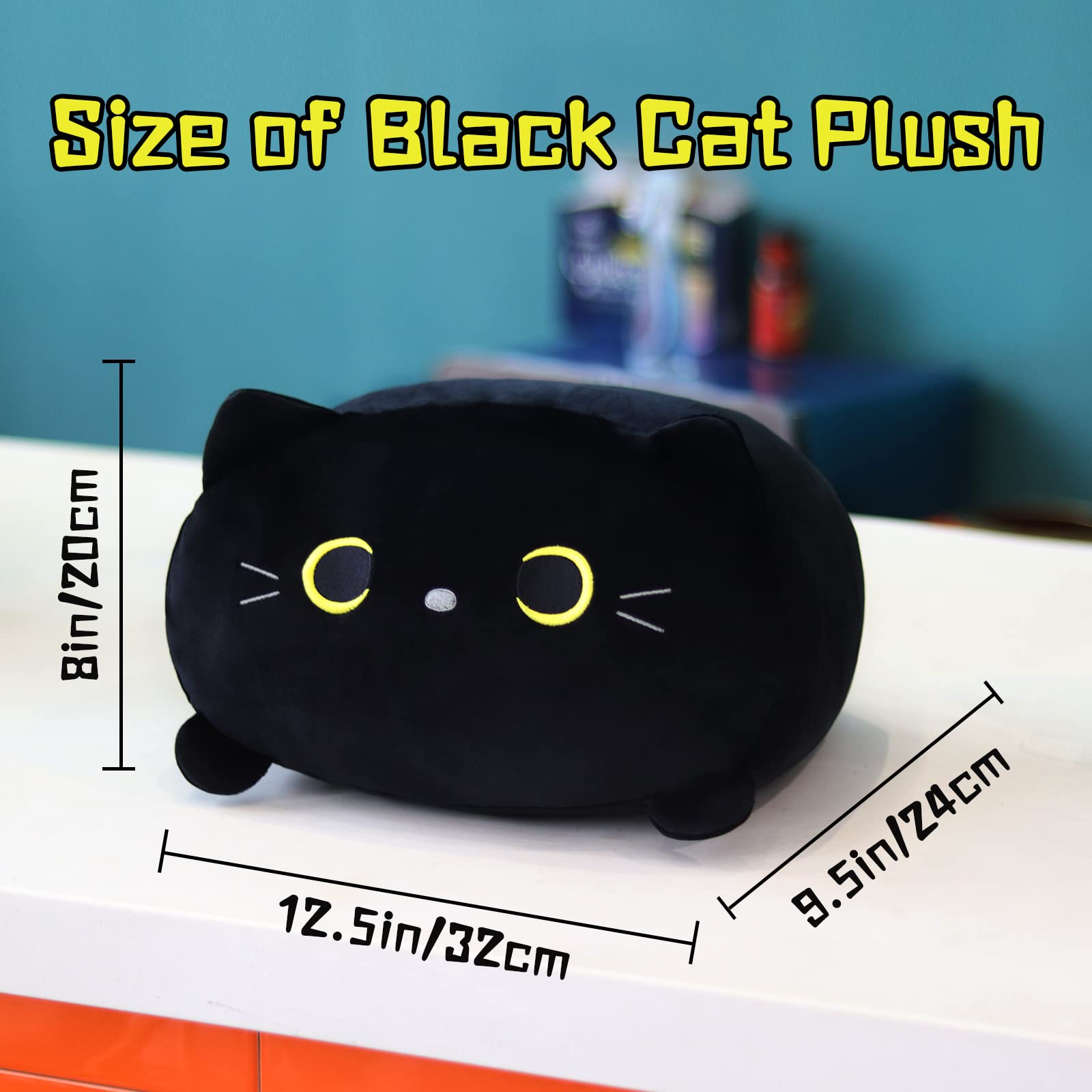 Desdfcer Black Cat Plush, 12''Black Cat Pillow, Black Cat Stuffed Animal Plush,Cute Black Cat Plushie,Kawaii Cat Plush Pillow Lumbar Back Cushion,Gift for Halloween Christmas