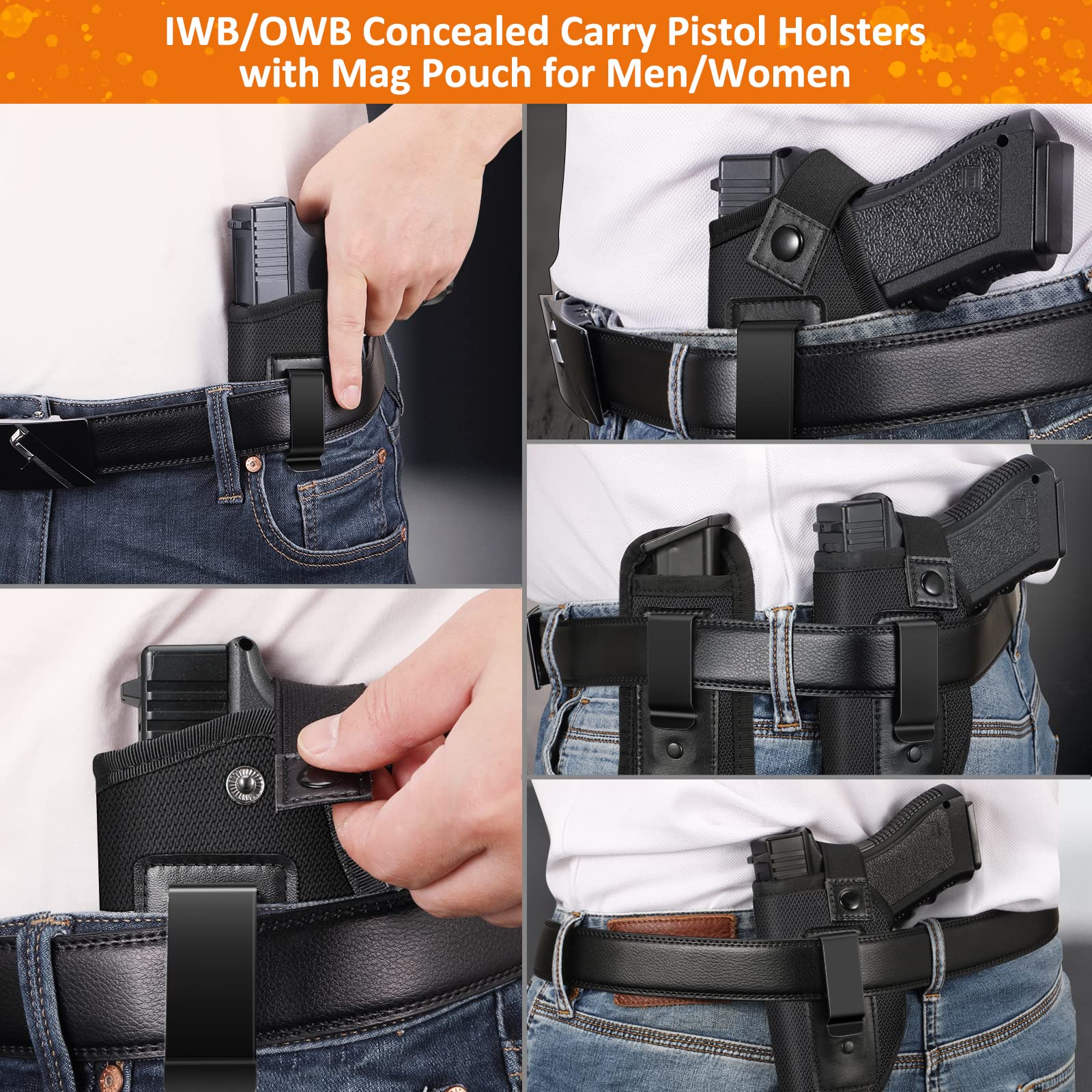 Concealed Carry Gun Holster, FINPAC IWB 9mm Airsoft Holsters, Belt Attachment Pistol Mag, Fits for Glock 17,19,26,27,42,43 M&P Shield Handguns