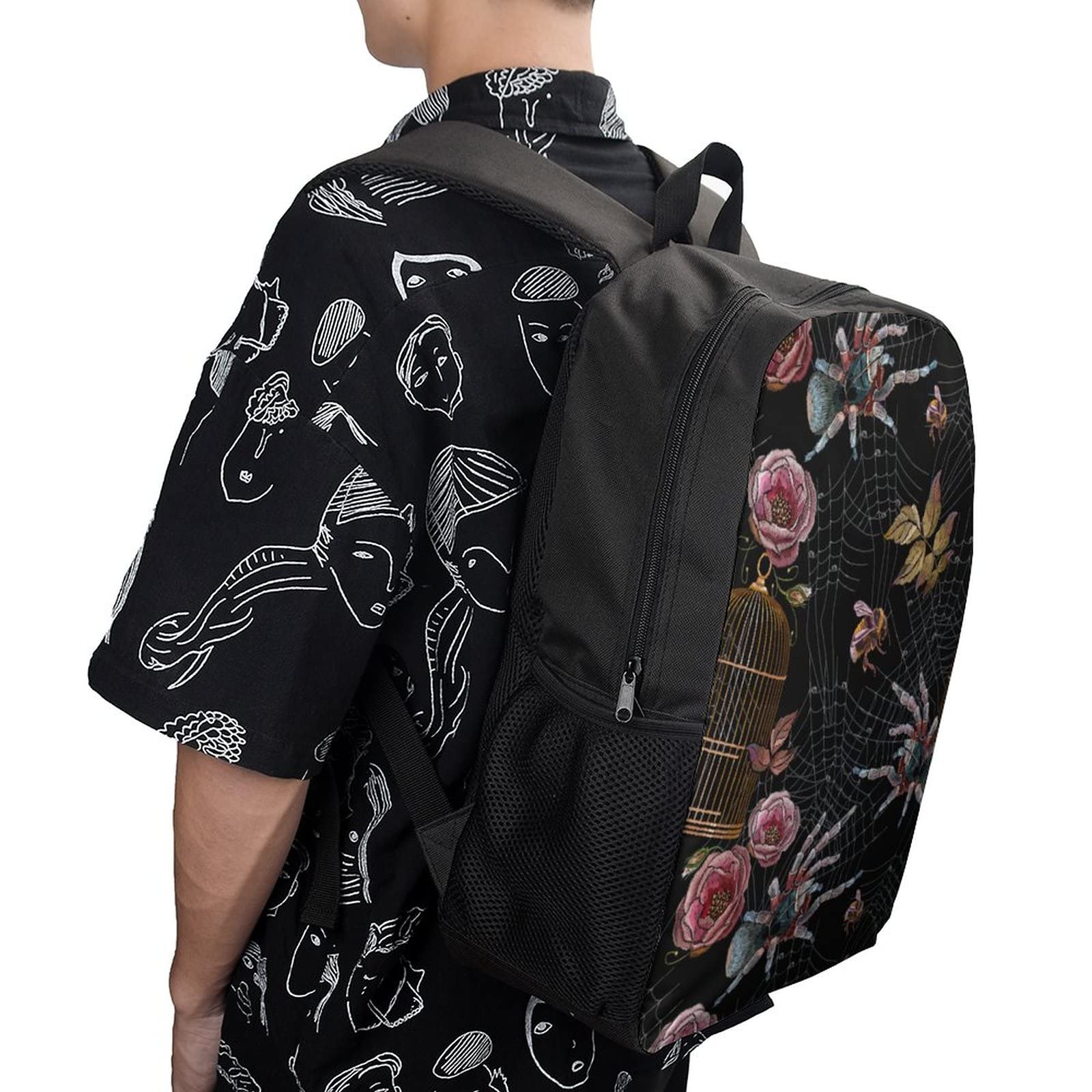 MoBlinko Retro Spider Roses 17 Inch Laptop Backpack Halloween Gothic Cage Adult Shoulder Travel Daypack Bookbag for College Travel Work And Hiking